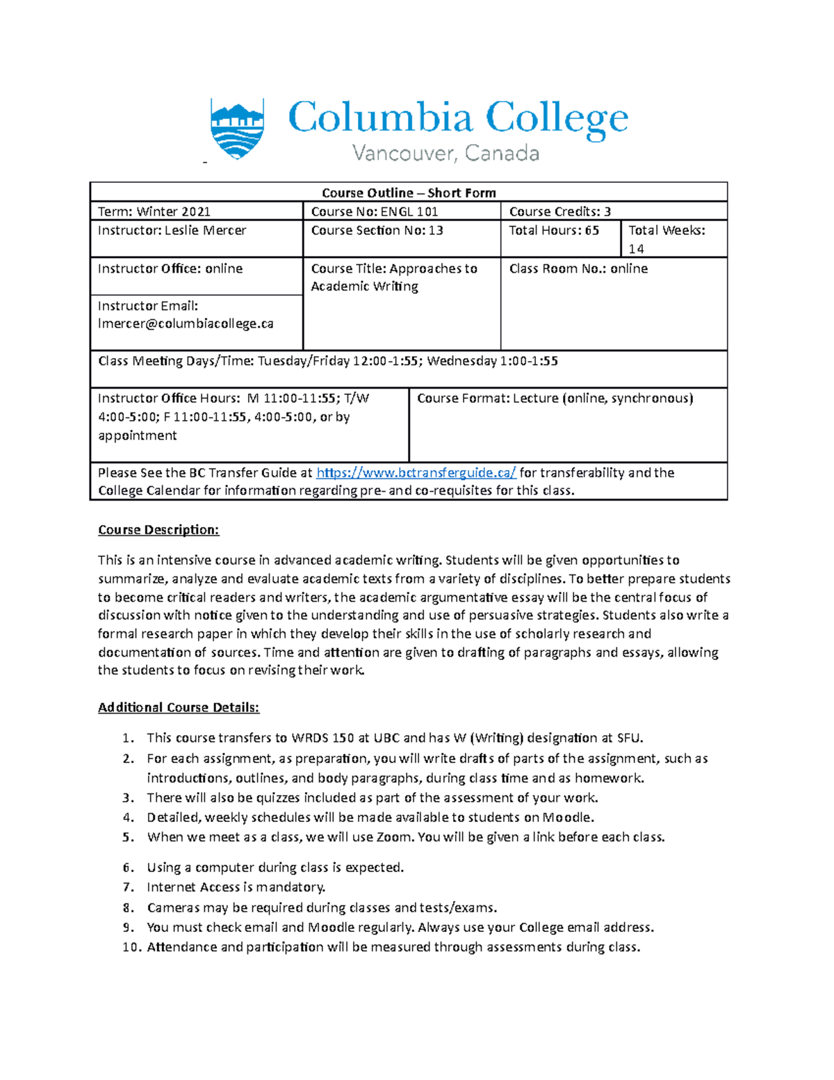 ENG 101 Winter 2021 Course Outline: Approaches to Academic Writing ...