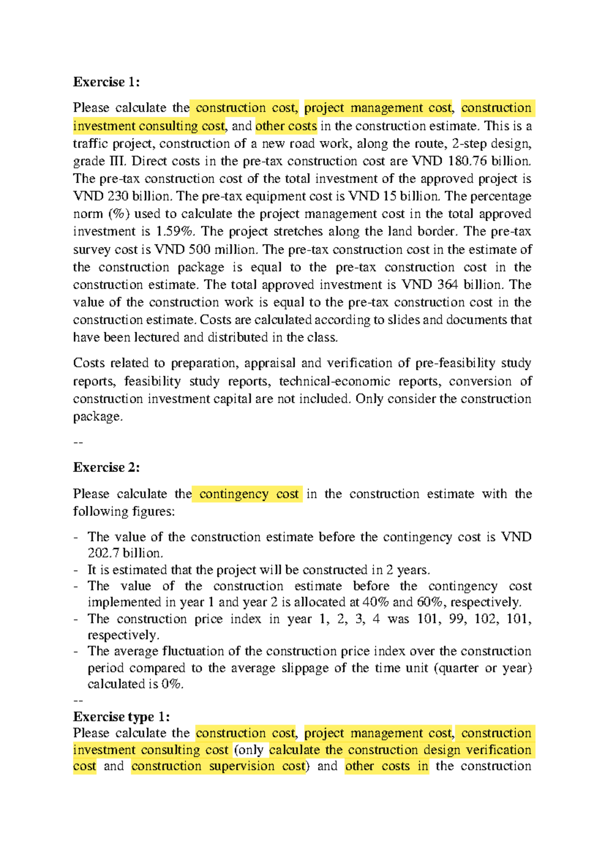 Exercises of Construction Estimation 1: Cost Calculations for Traffic ...