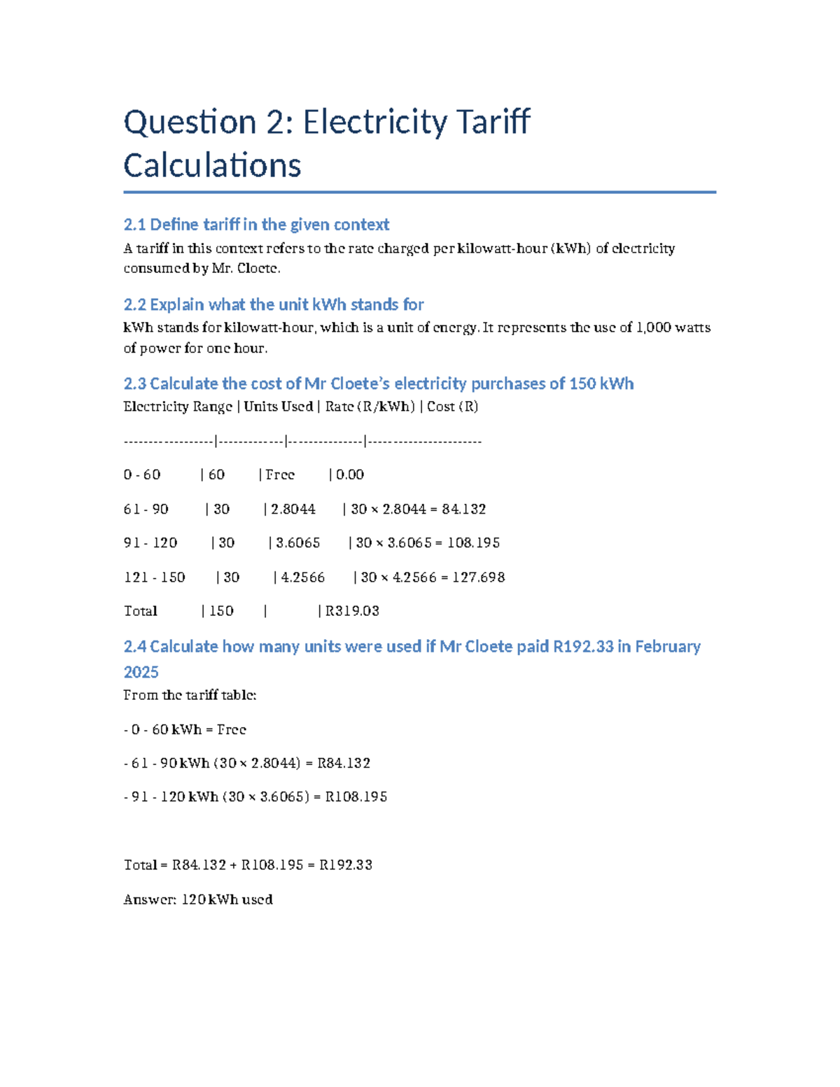 Electricity Tariff Calculations: Understanding kWh and Costs - Studocu