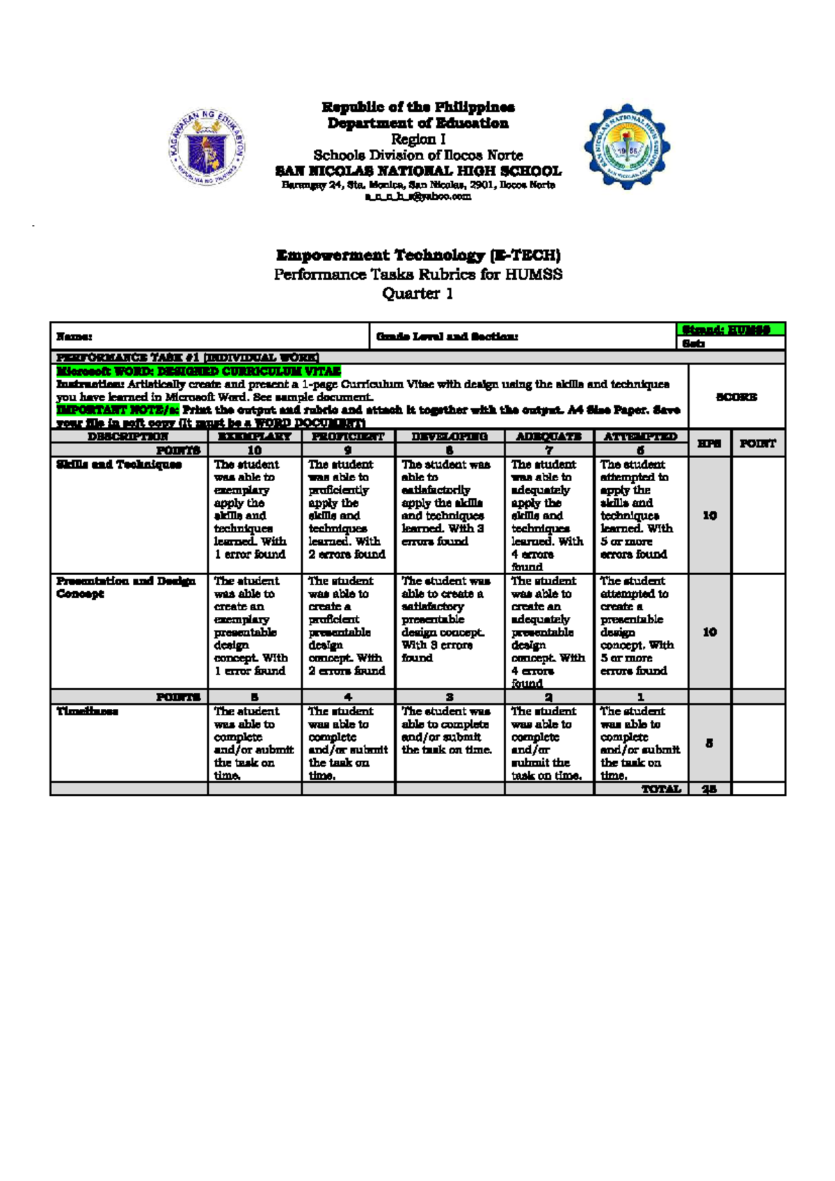 Empowerment Tech Performance Tasks Rubrics for HUMSS Q1 (SNNHS) - Studocu