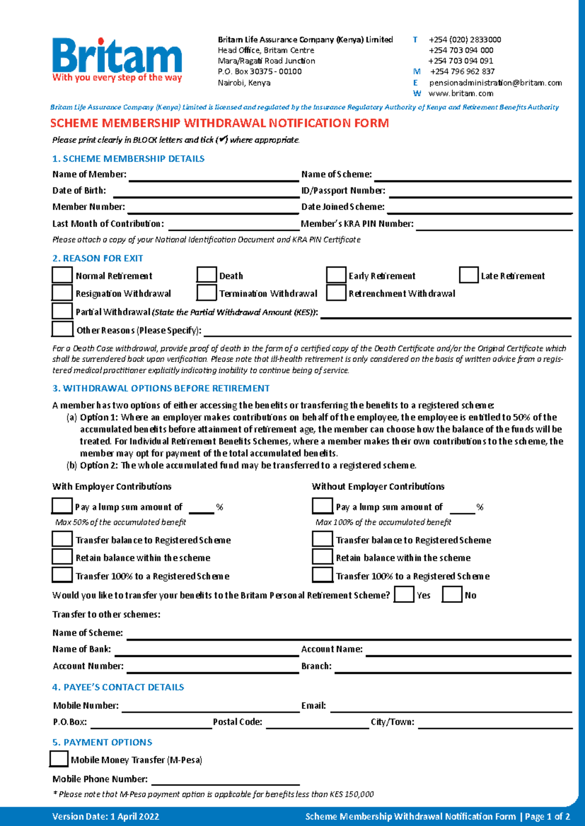 Britam Life Assurance Scheme Membership Withdrawal Form (2022) - Studocu