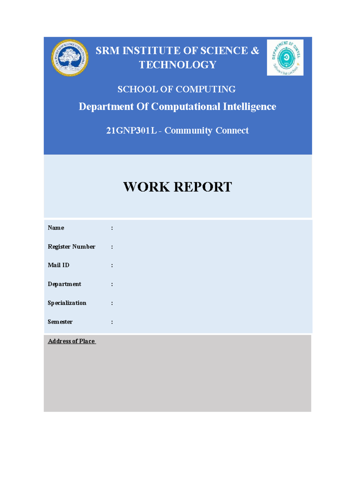 21GNP301L Community Connect Sample Work Report - B.Tech AIML - Studocu
