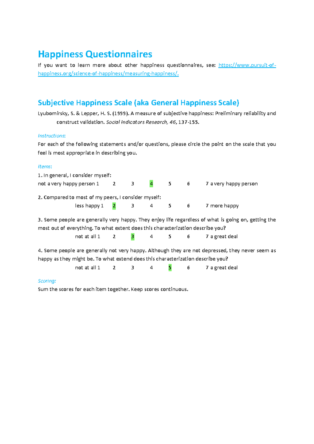 Happiness Questionnaires: Subjective, Oxford, PANAS Scales Analysis ...