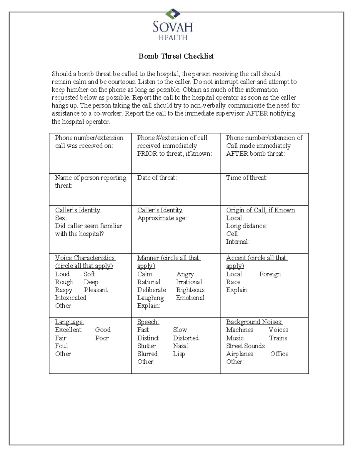 Bomb Threat Checklist 2018: Emergency Response Guide - Studocu