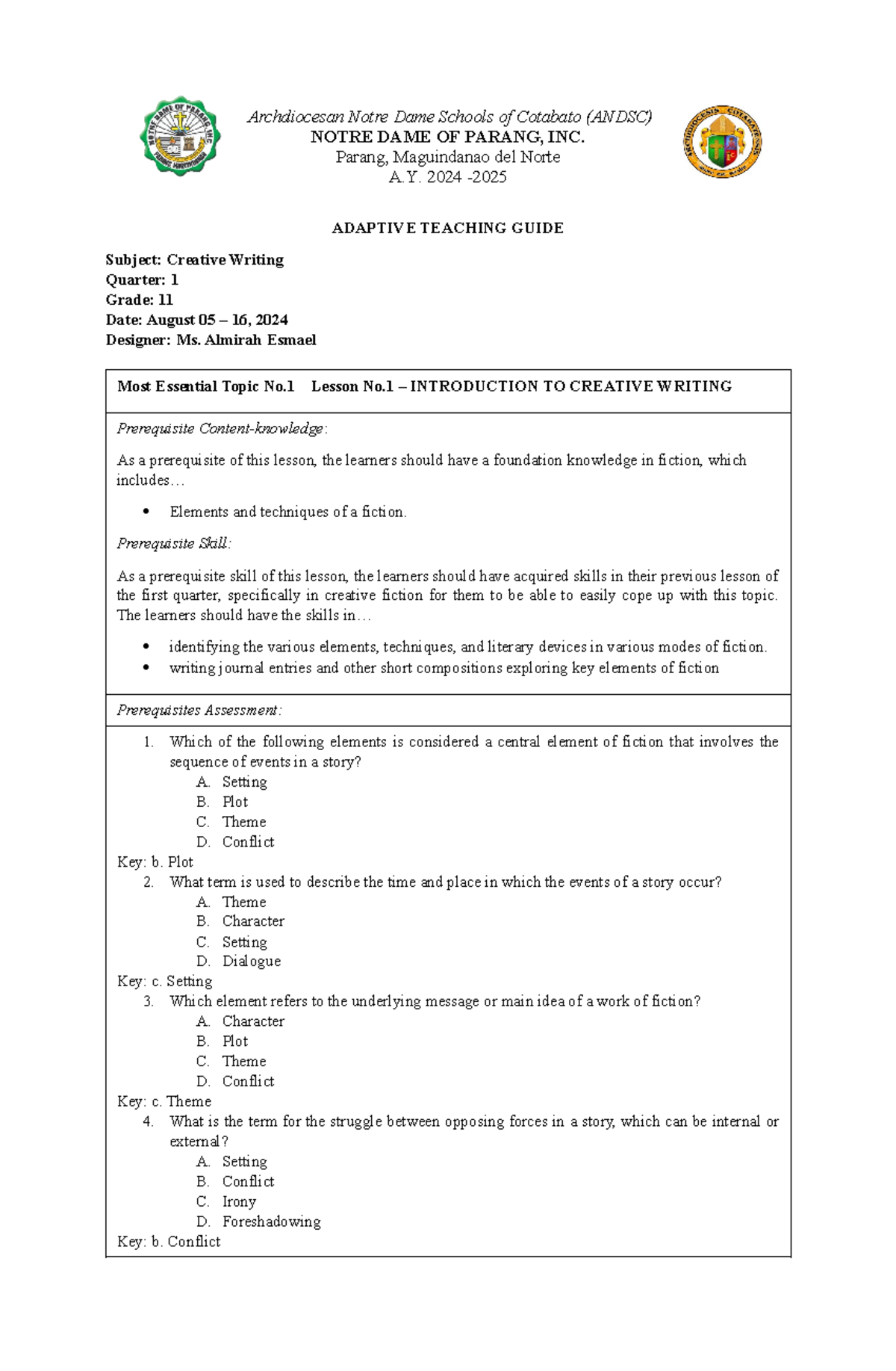 Creative Writing Lesson Plan - MET3-ATG Q1: Introduction to Drama - Studocu