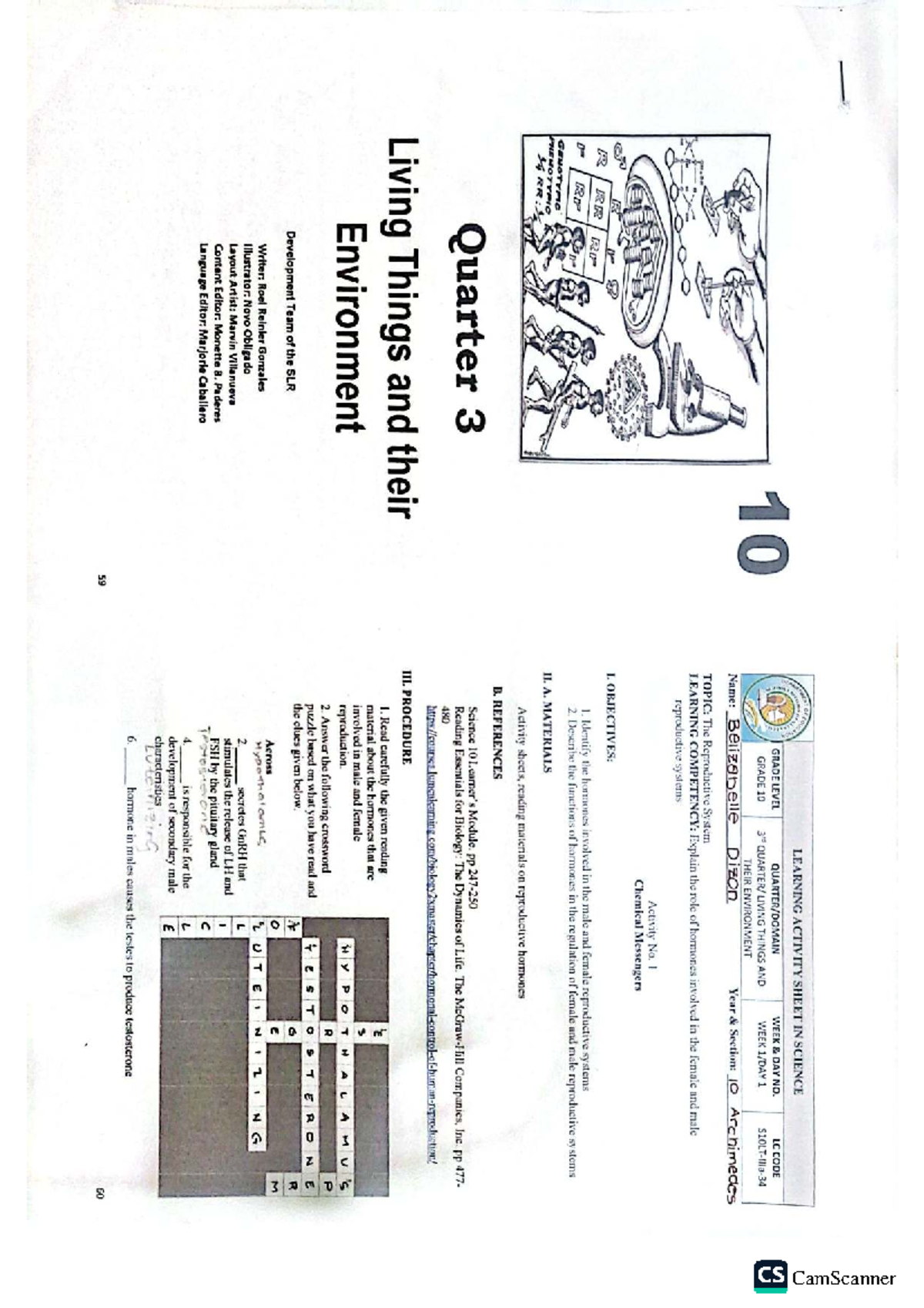 Learning Activity Sheet: Science 10 - Week 1 on Reproductive System and ...