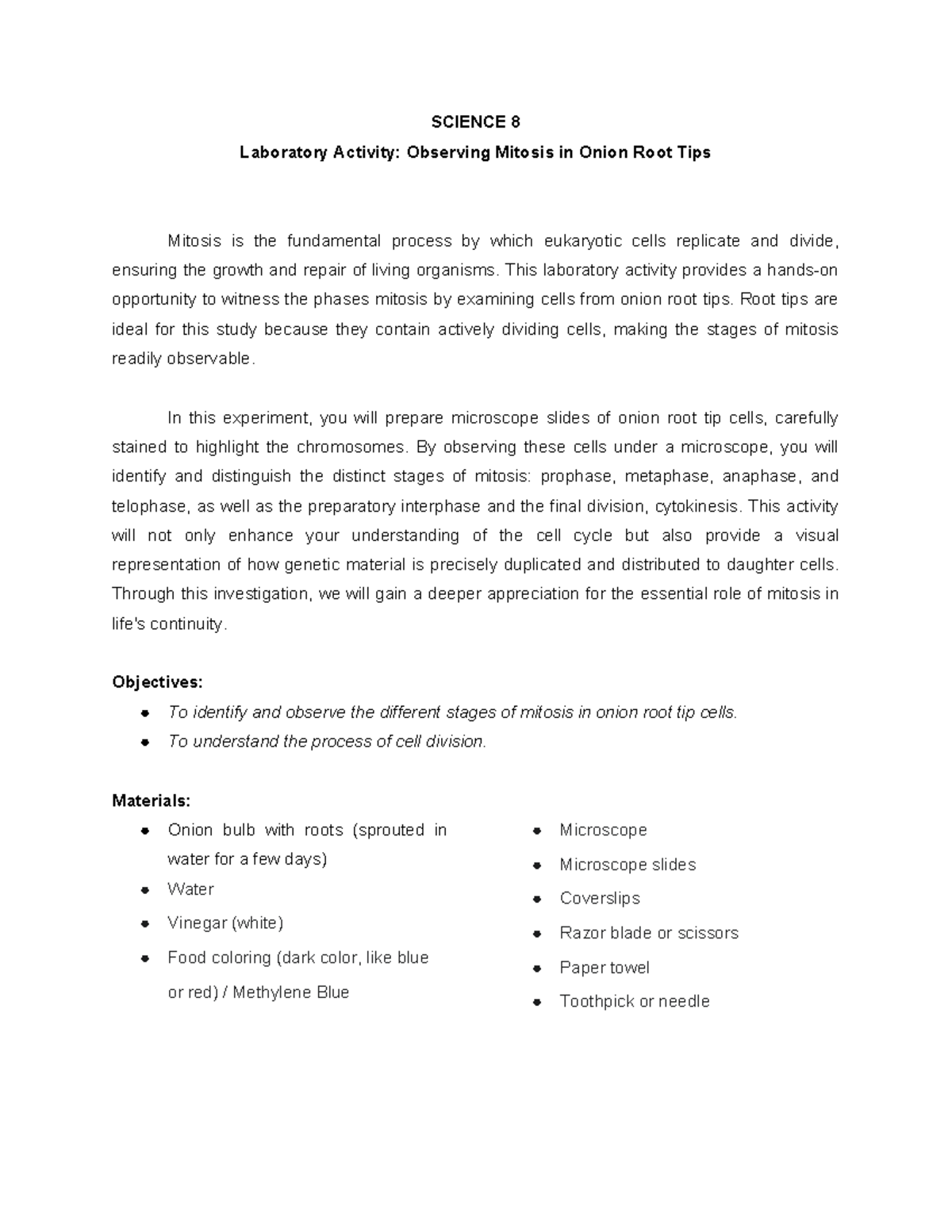 Laboratory Activity Observing Mitosis in Onion Root Tips - This ...