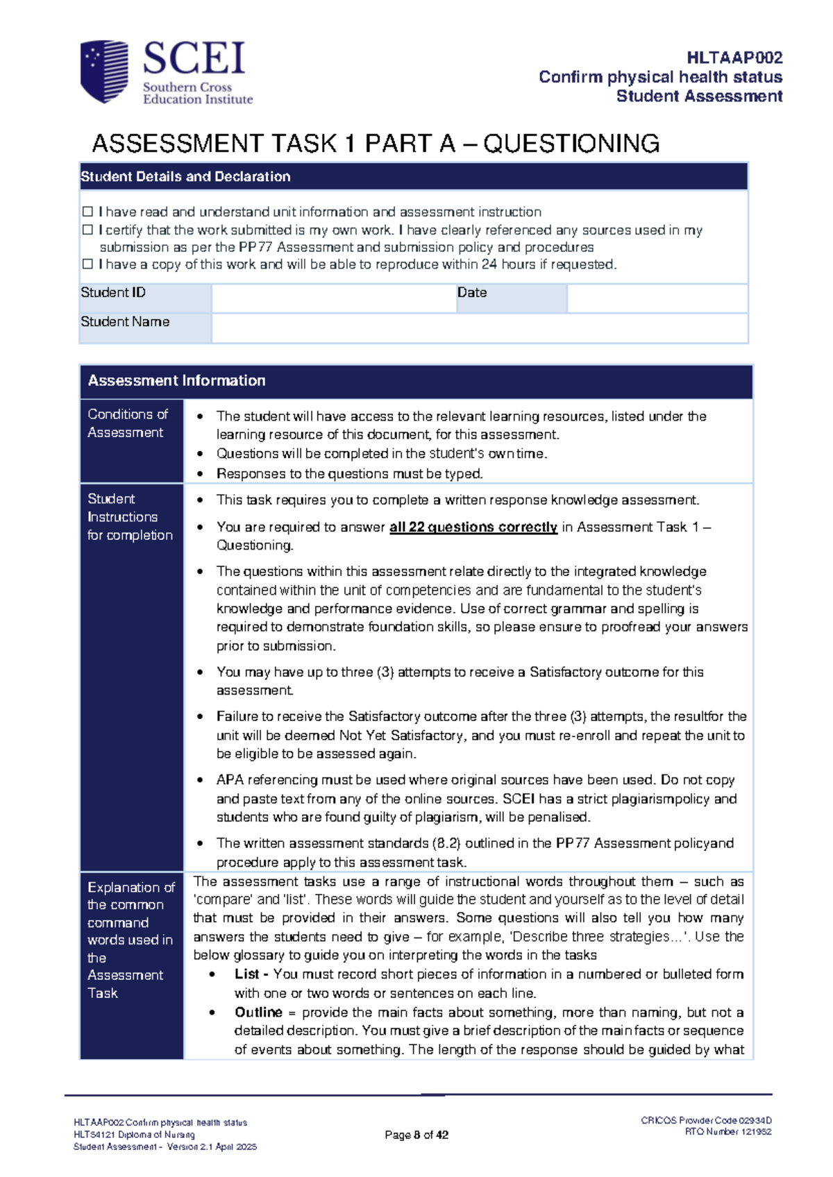 HLTAAP002 Student Assessment Task 1: Confirming Physical Health Status ...