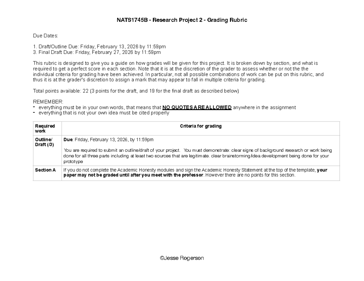 NATS1745B Research Project 2 Grading Rubric and Due Dates - Studocu