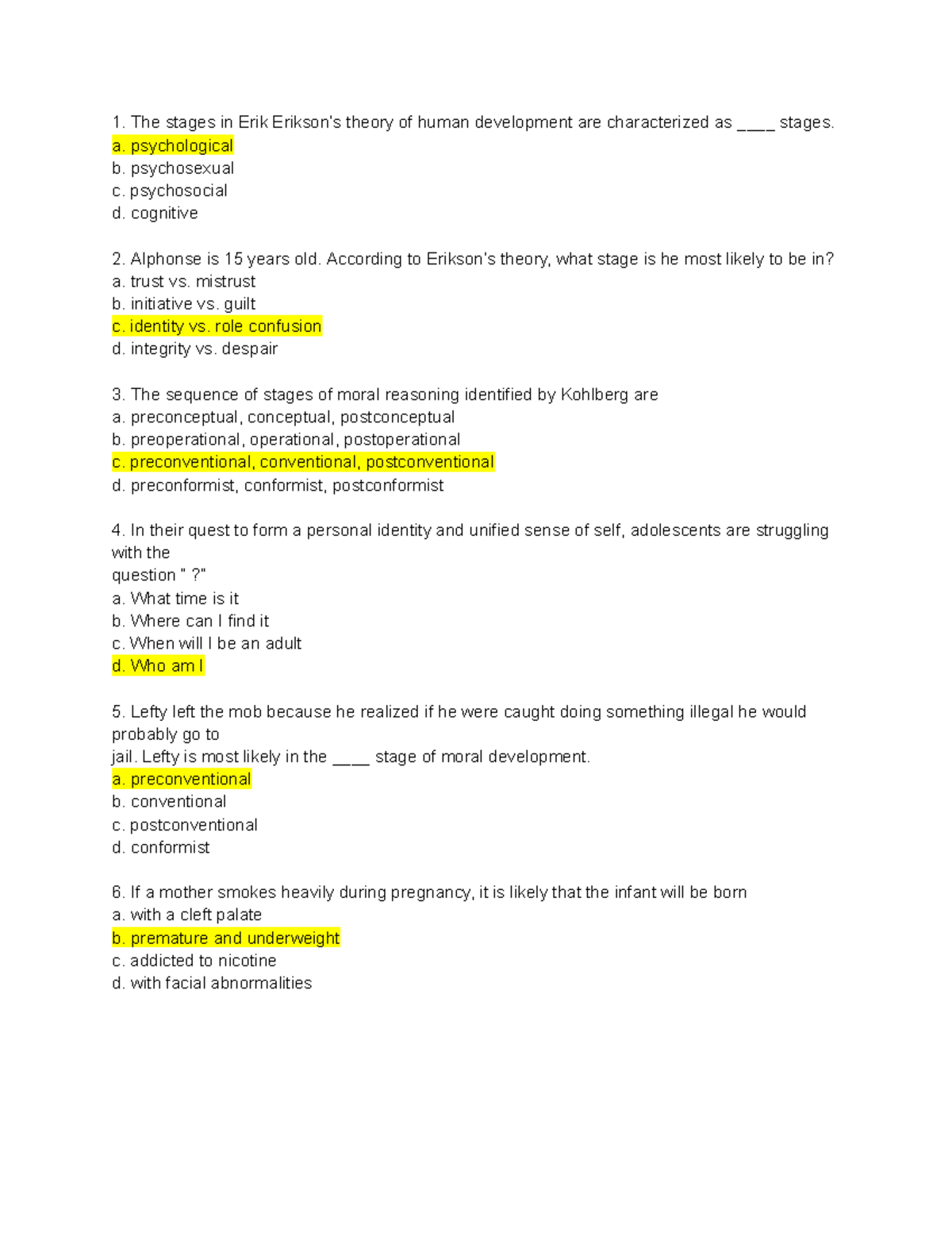 Psych 101 - Developmental Psychology Test Answers and Key Concepts ...