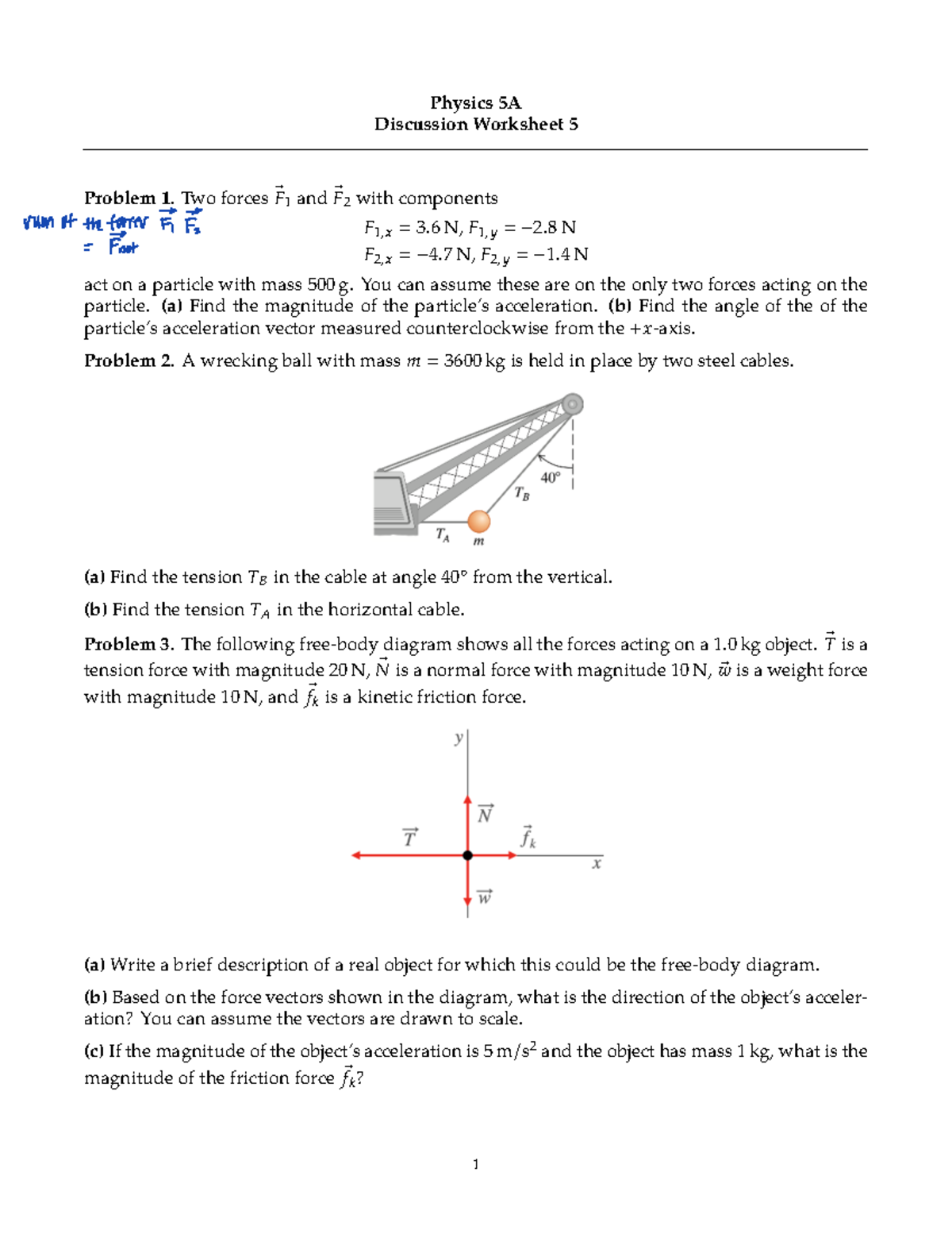 Physics 5A Discussion Worksheet 5: Force and Acceleration Problems - Studocu