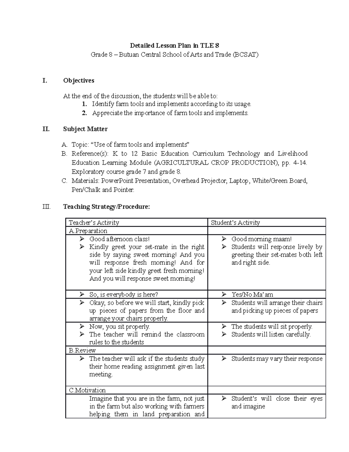 Detailed Lesson Plan on Farm Tools in TLE 8 Demo Session - Studocu