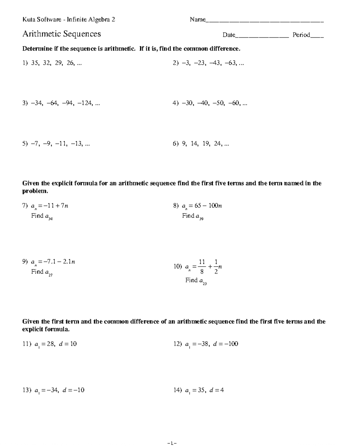 Arithmetic Sequences Worksheet (Kuta Software Infinite Algebra 2) - Studocu