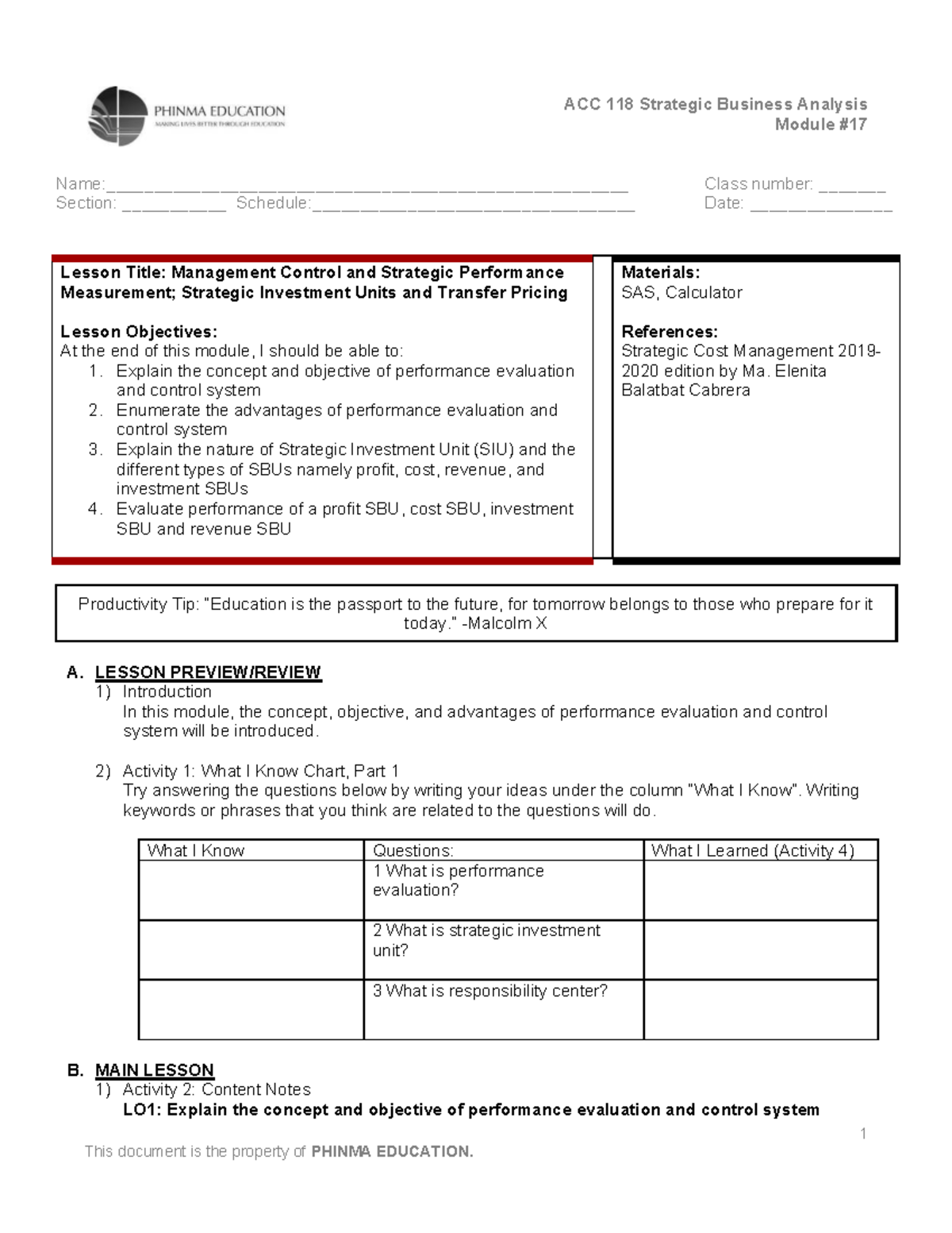 ACC 118 Lesson: Management Control & Strategic Performance Evaluation ...