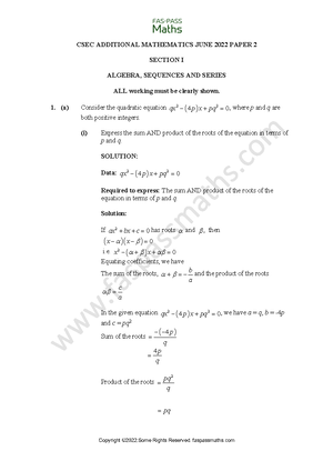 CSEC Add Maths 2021 May - Answer - CSEC ADD MATHS 2021 SECTION I Answer ...