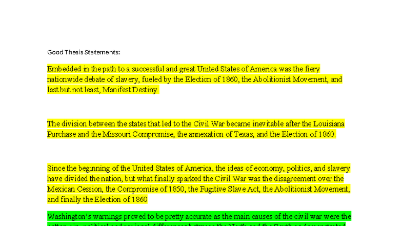 Civil War Essay: Good Thesis Statements and Key Causes - Studocu