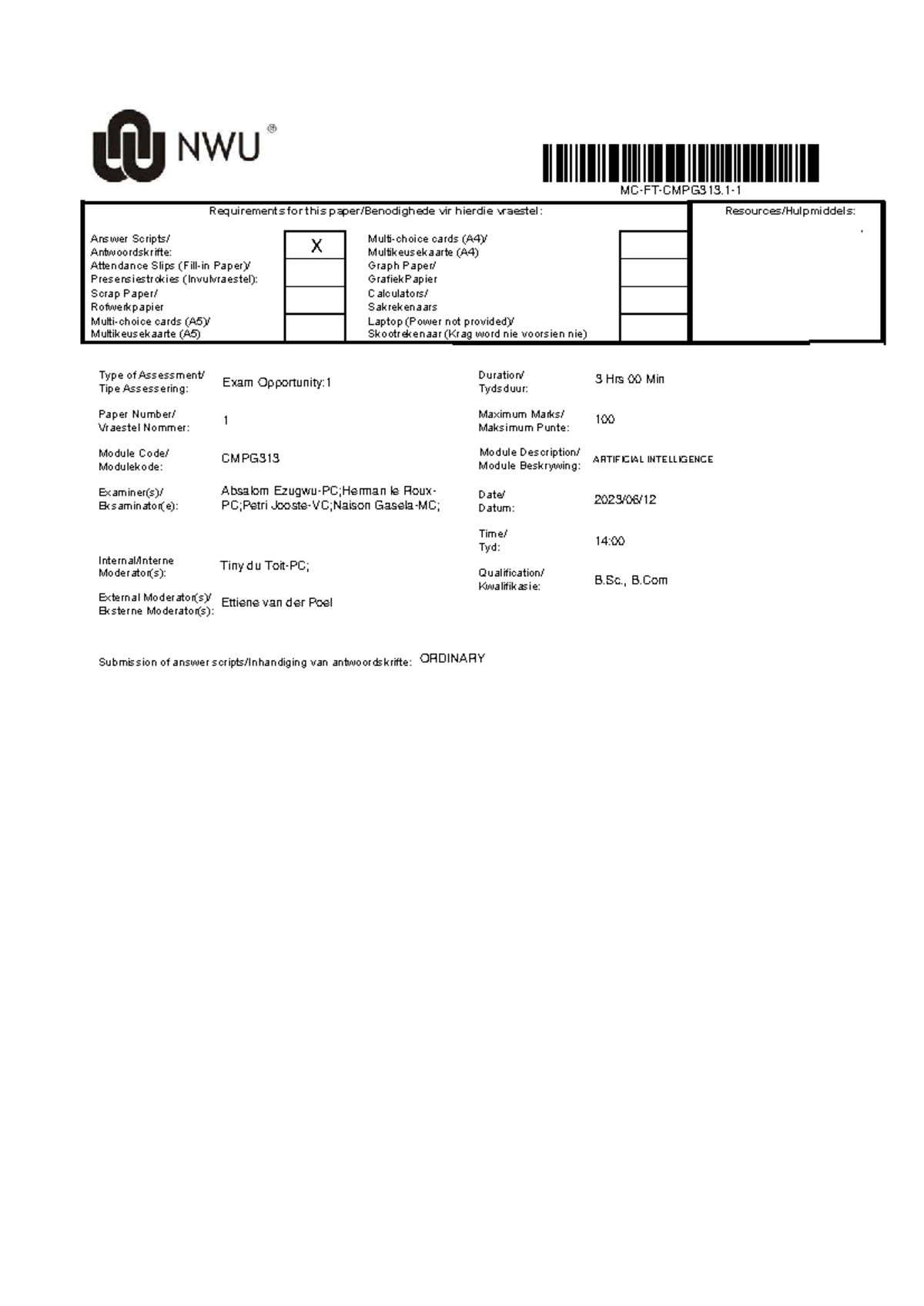 CMPG313 Exam Paper 1: Requirements and Guidelines for AI Assessment ...