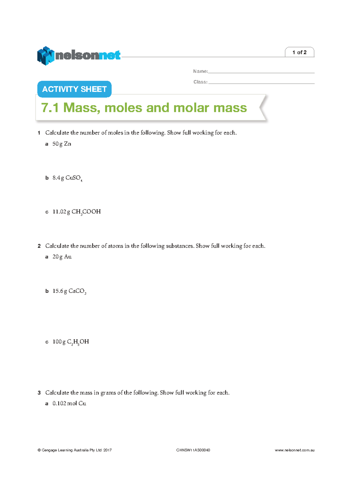 7.1 Mass, Moles, and Molar Mass Activity Sheet - Studocu