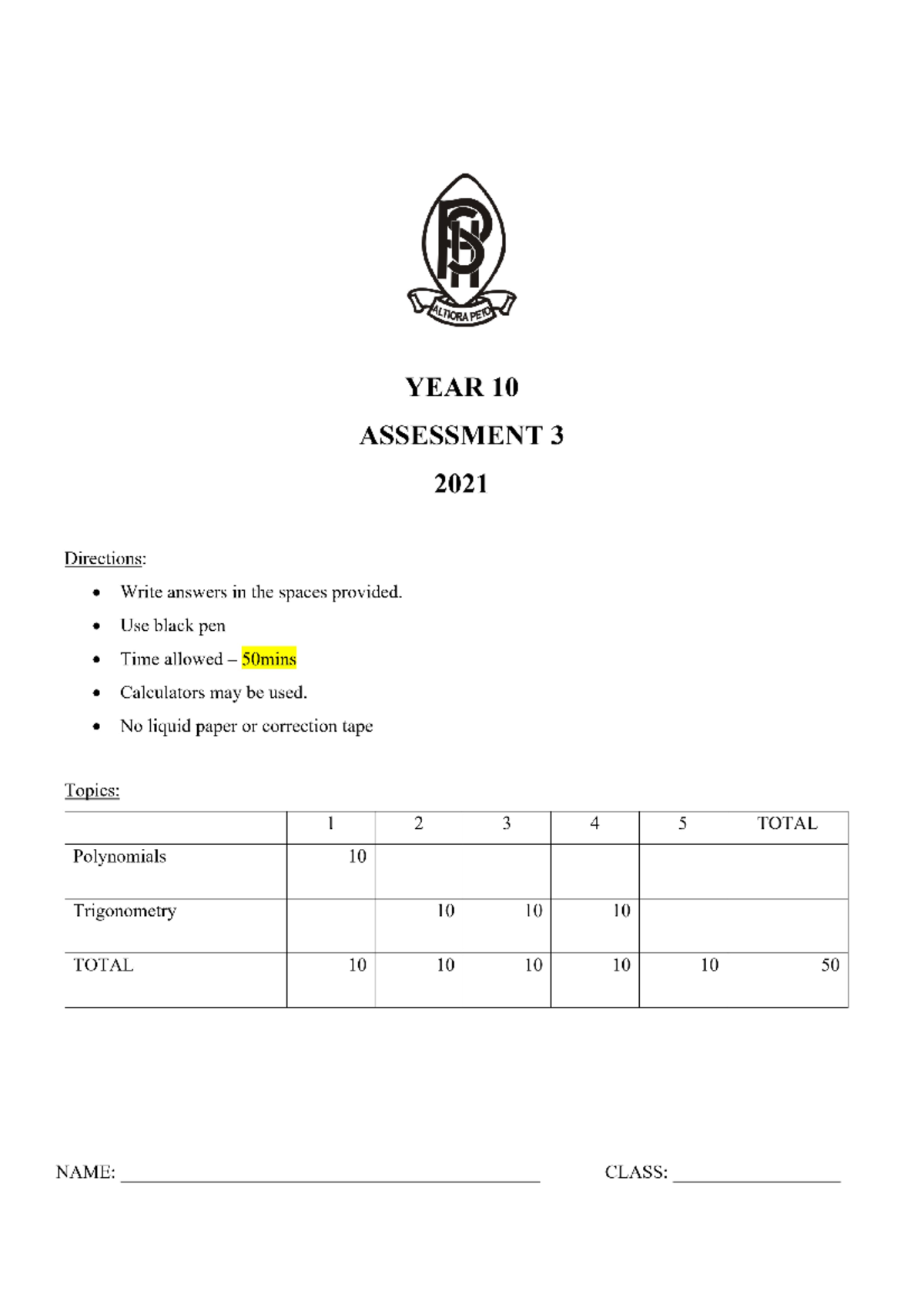 Yr 10 Polynomials & Trigonometry Past Paper - Assessment 3 2021 - Studocu
