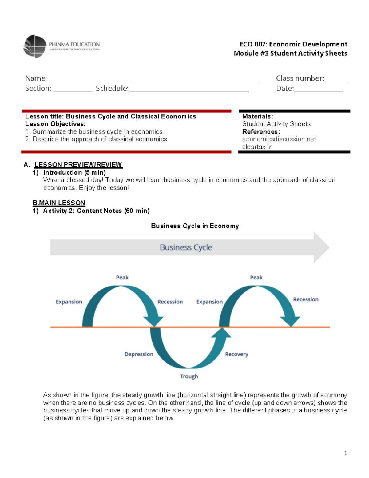 ECO 007: Business Cycle & Classical Economics Lesson Activity Sheets ...