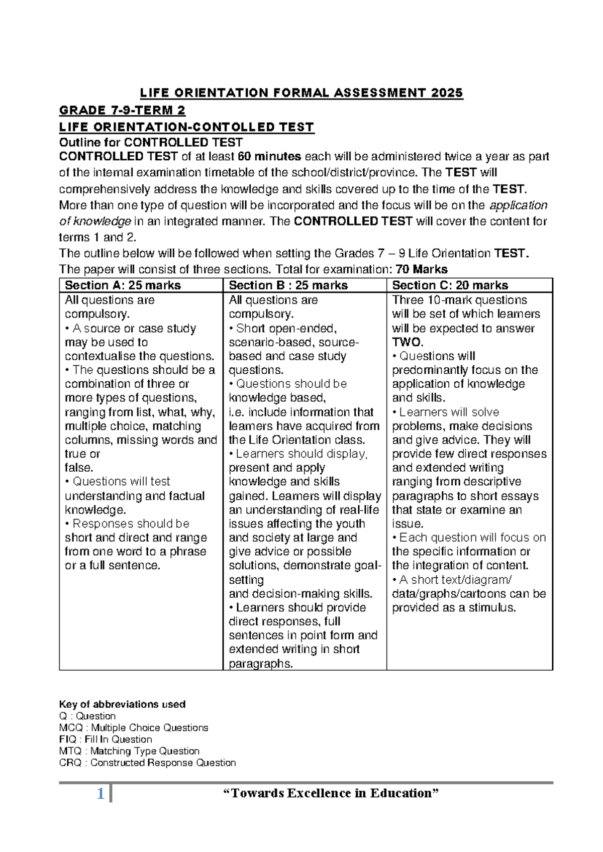 LO- Grade 7-9 - Life Orientation Formal Assessment - Term 2 - 2025 ...