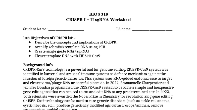 BIOS 310 CRISPR I II sgRNA Lab Worksheet and Protocols - Studocu