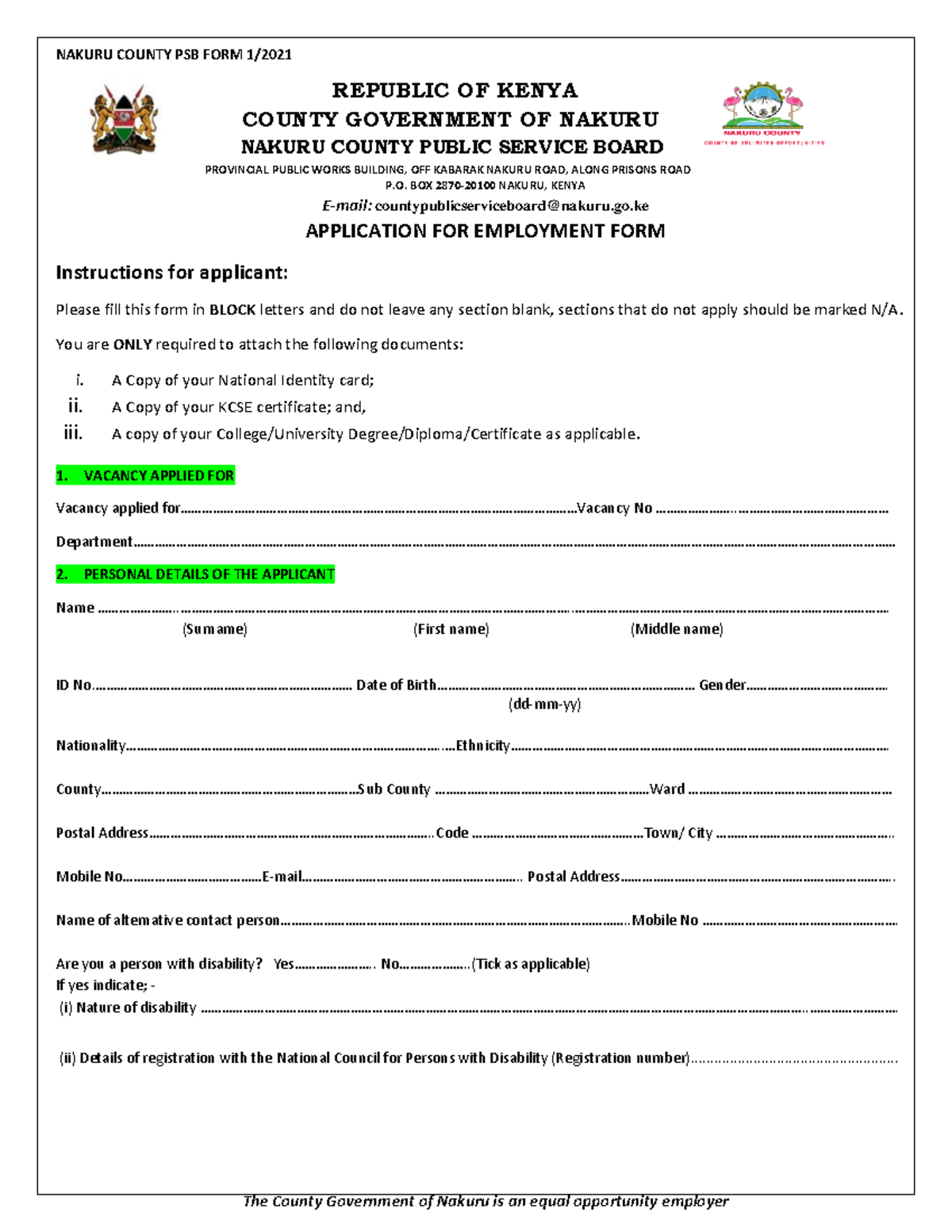 Employment Application Form - Nakuru County PSB 2021 - Studocu