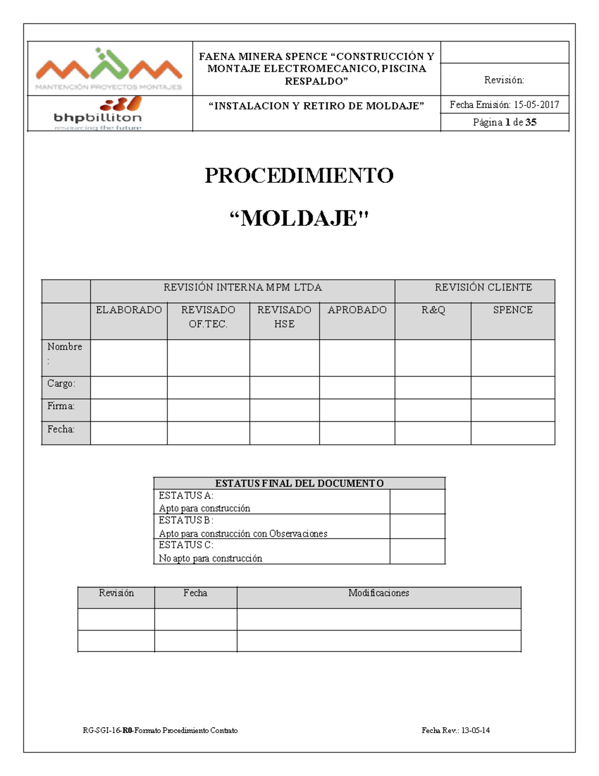 FAENA MINERA SPENCE: Procedimiento de Instalación y Retiro de Moldajes ...