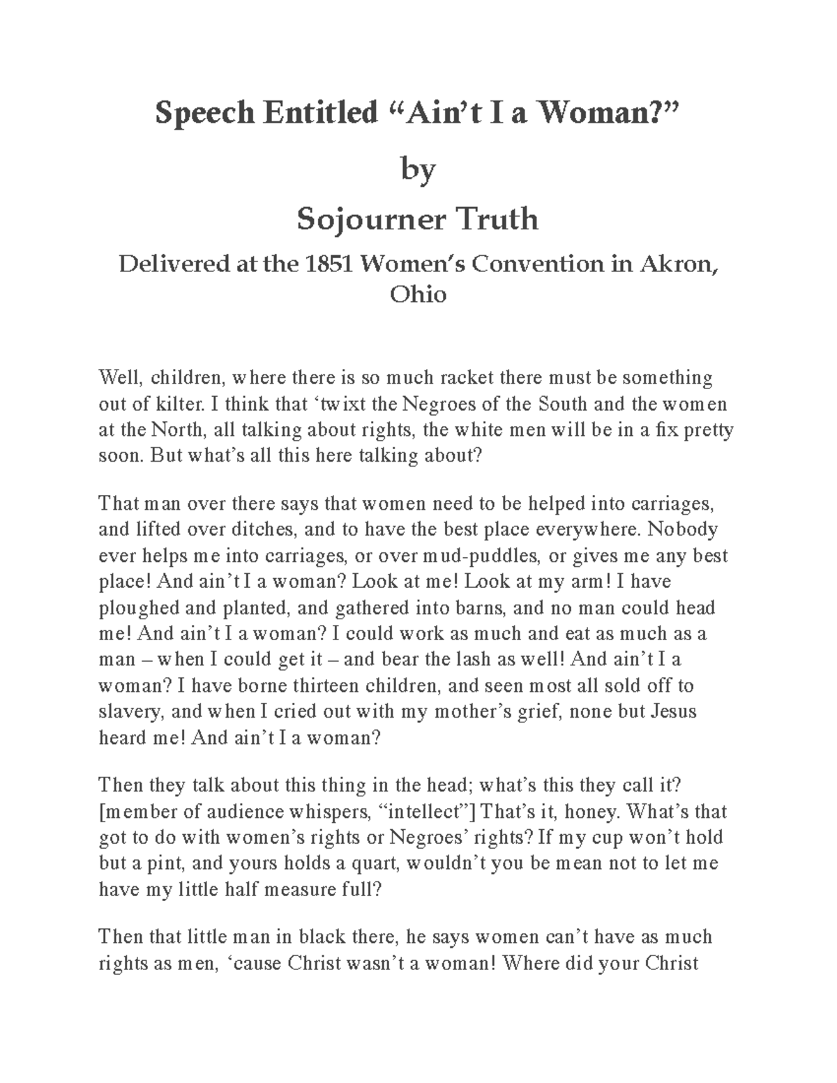 Sojourner Truth: "Ain't I a Woman?" Speech at 1851 Convention - Studocu