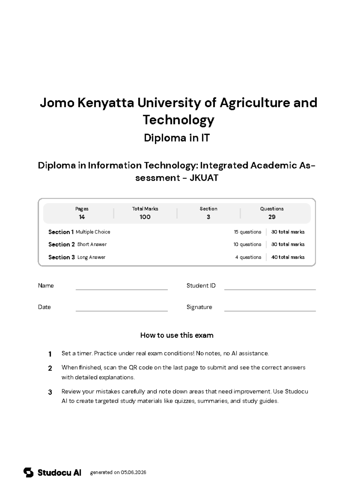 Diploma in IT: Integrated Academic Assessment - JKUAT - Studocu