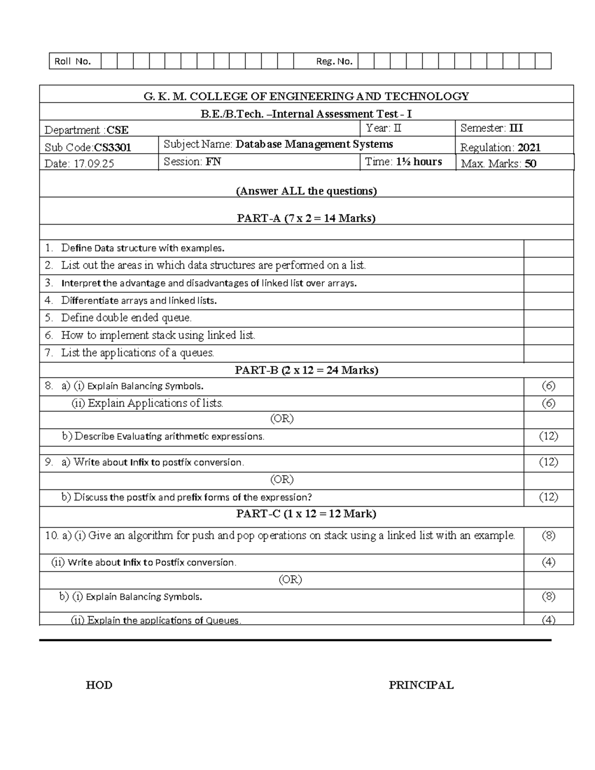 CS3301 Database Management Systems Assessment Test Questions - Studocu