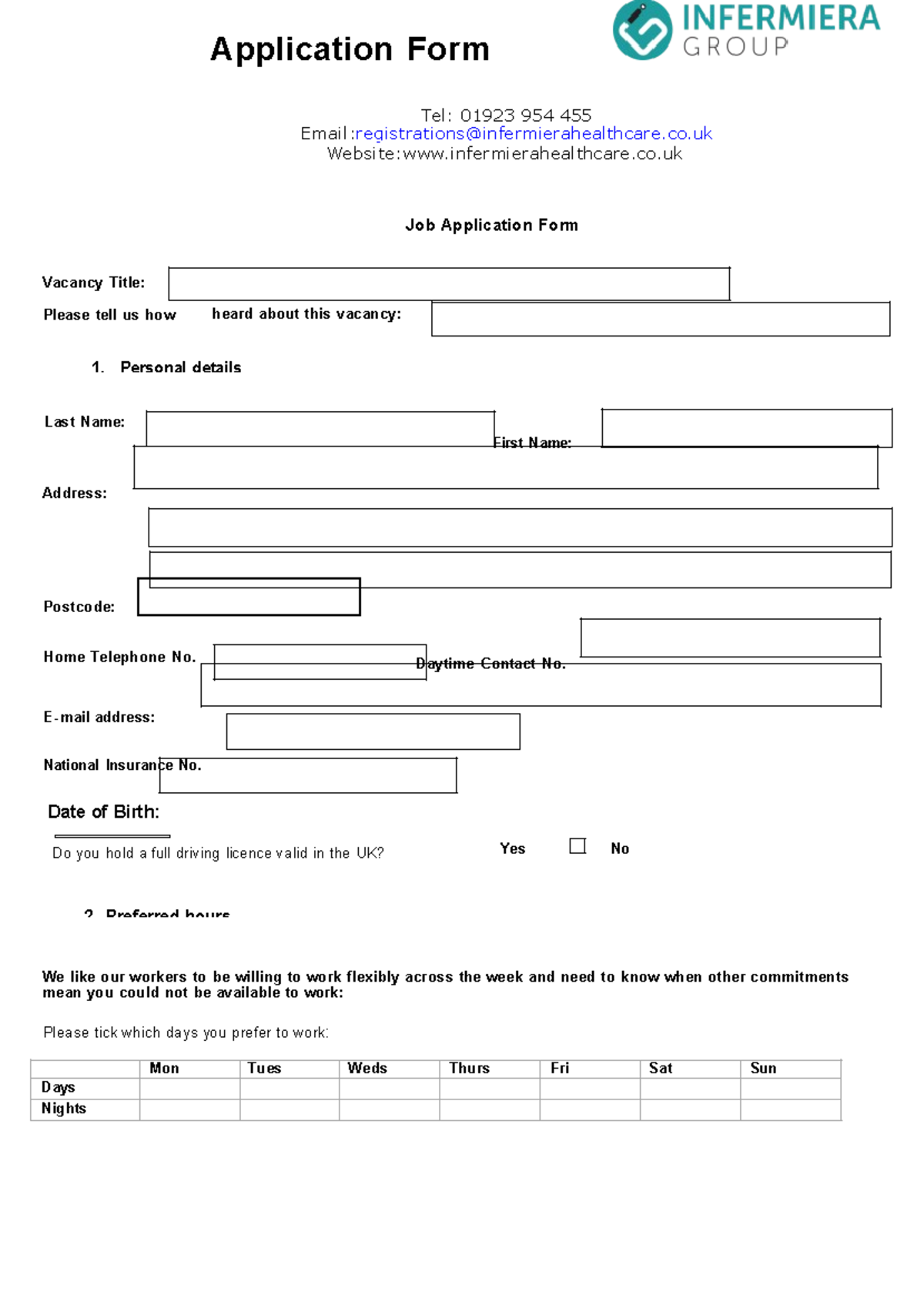 Infermiera Healthcare Job Application Form - Important Details - Studocu