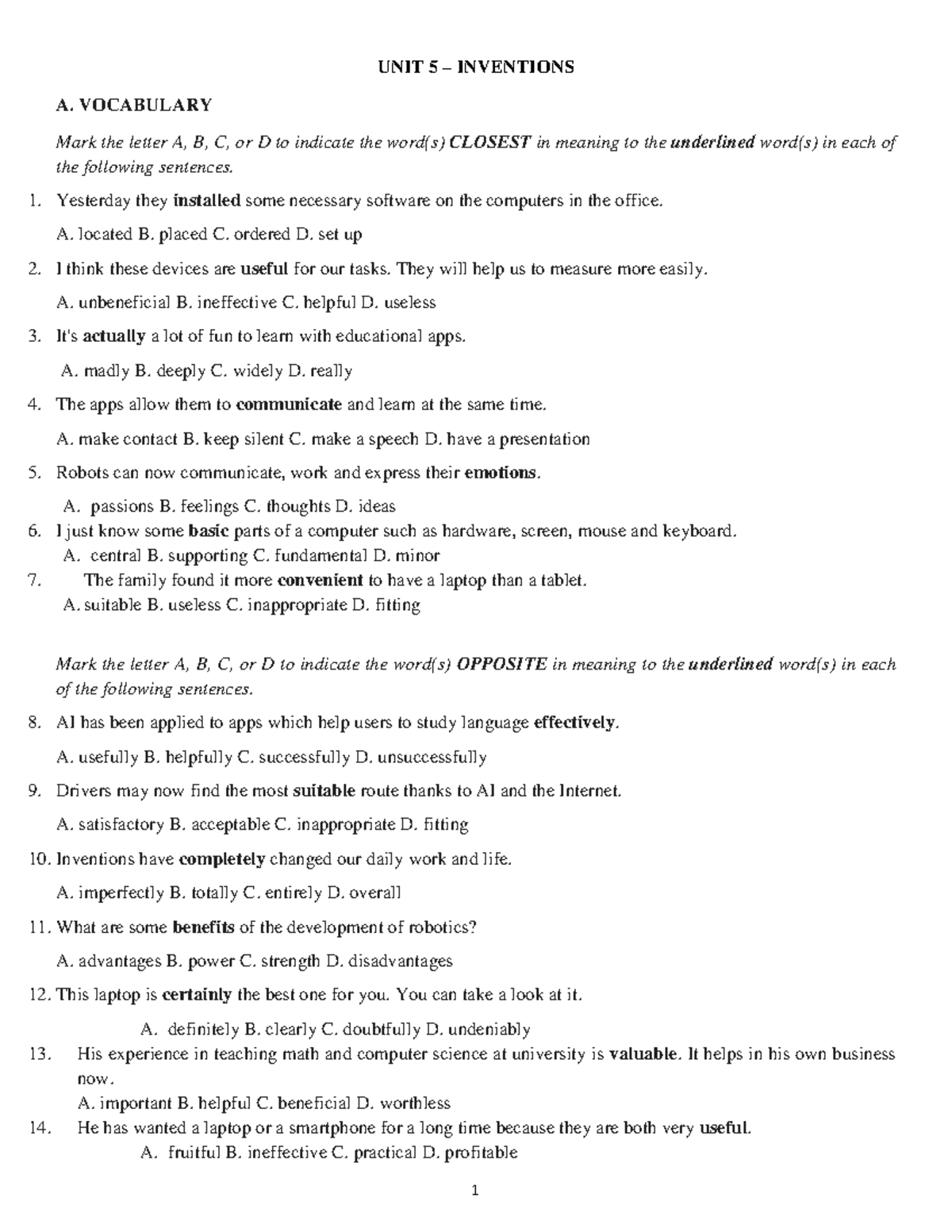 UNIT 5 - Inventions Vocabulary & Grammar Review - Studocu