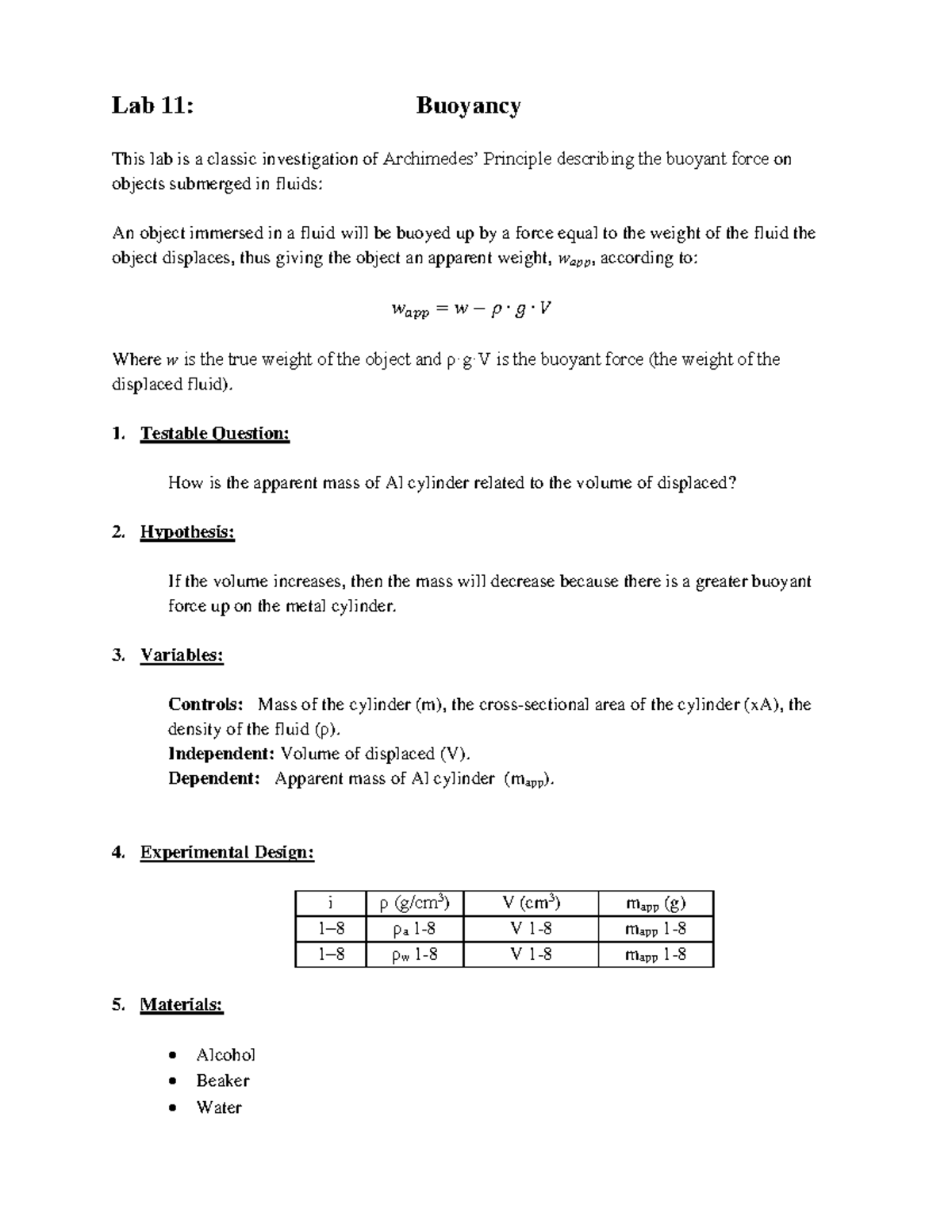 PHY111L Lab 11: Analyzing Buoyancy Using Archimedes' Principle - Studocu