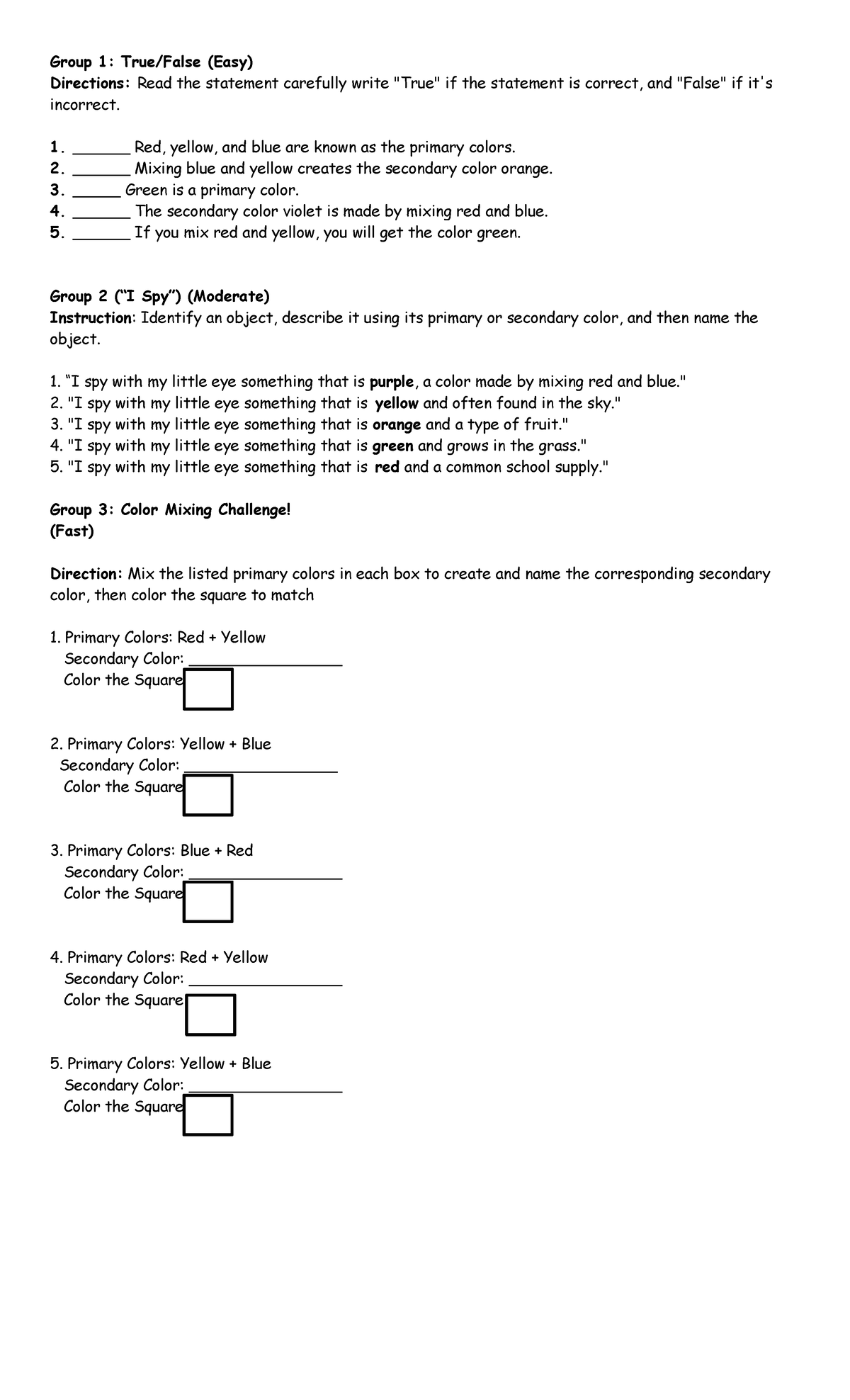 Art Activity: Color Mixing & Identification Exercises - Studocu