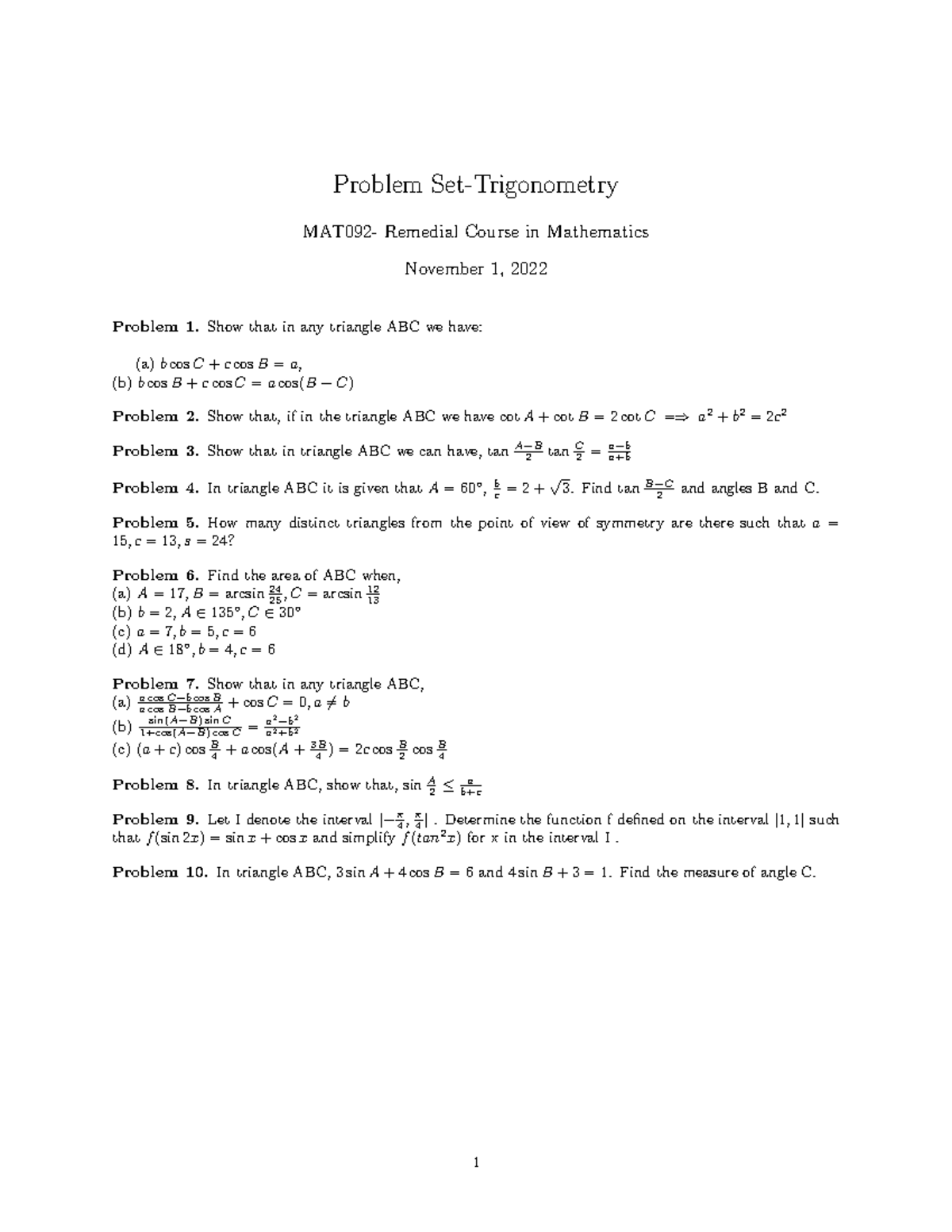 Trigonometry Problem Set 1: Remedial Course in Mathematics - Studocu
