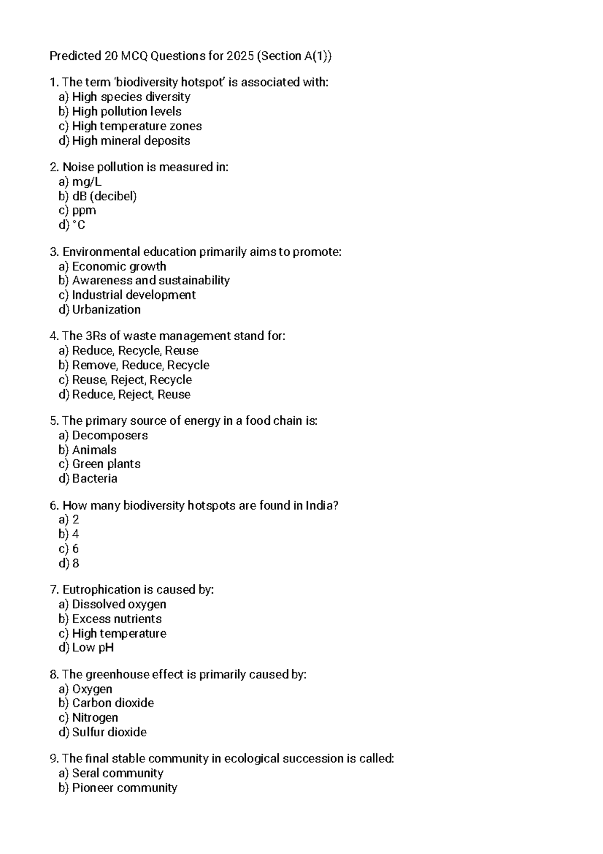 Predicted MCQ Question Paper for EVS 2025 (Section A(1)) - Studocu