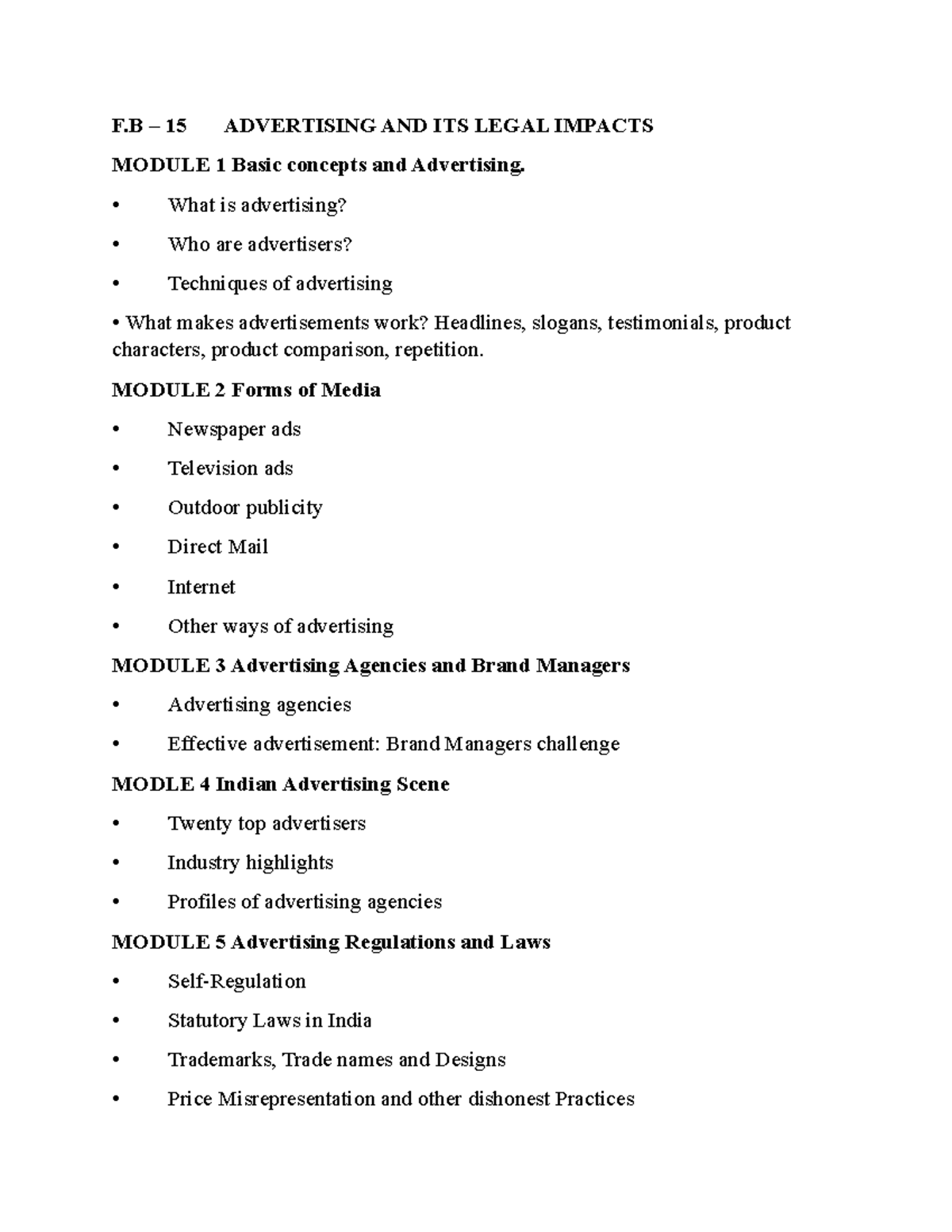 Syllabus - Summaries - F – 15 ADVERTISING AND ITS LEGAL IMPACTS MODULE ...