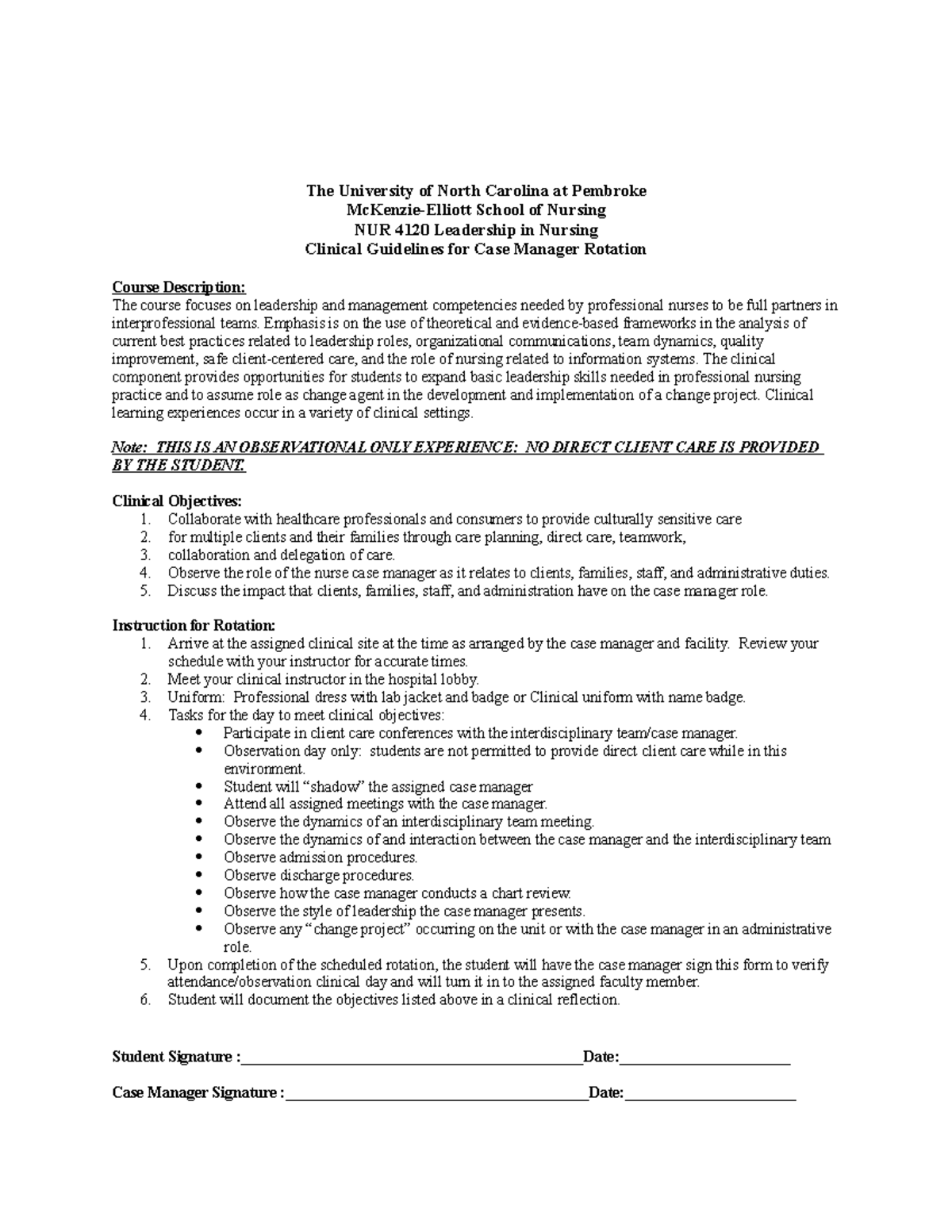 NUR 4120 Case Management Clinical Rotation Objectives and Guidelines ...