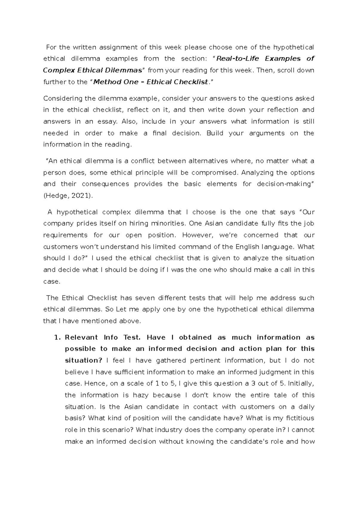 ENG 202: Written Assignment 6 - Ethical Dilemma Reflection and Analysis ...