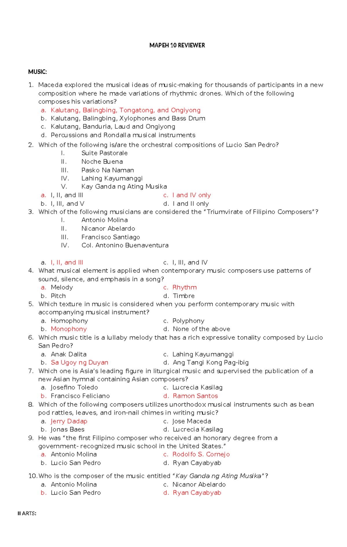 MAPEH 10 Final Reviewer: Music, Arts, and PE Topics - Studocu