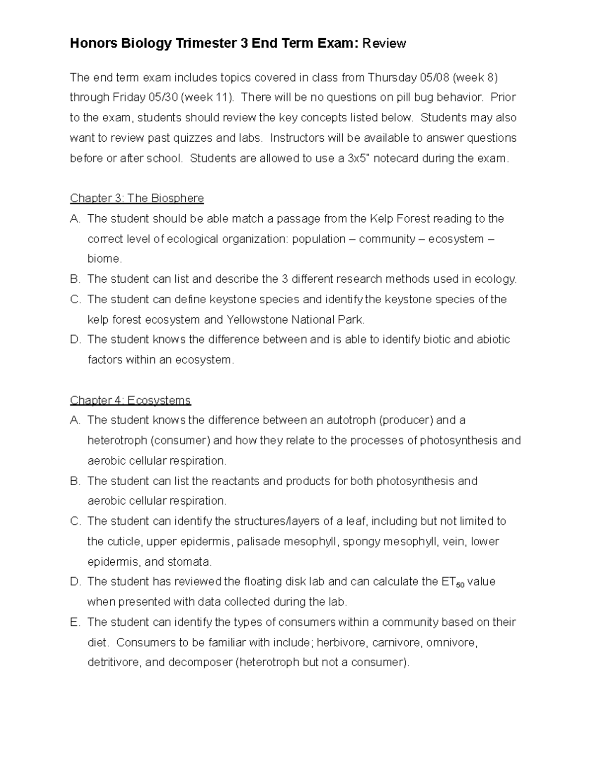 Honors Biology T3 End Term Exam Review Guide: Key Concepts & Topics ...