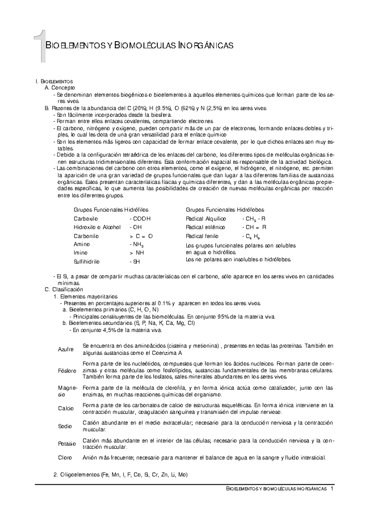 Resumen Bioelementos - BIOLOGIA - BIO ELEMEN TO S Y BIO MO LÉCULAS IN O ...