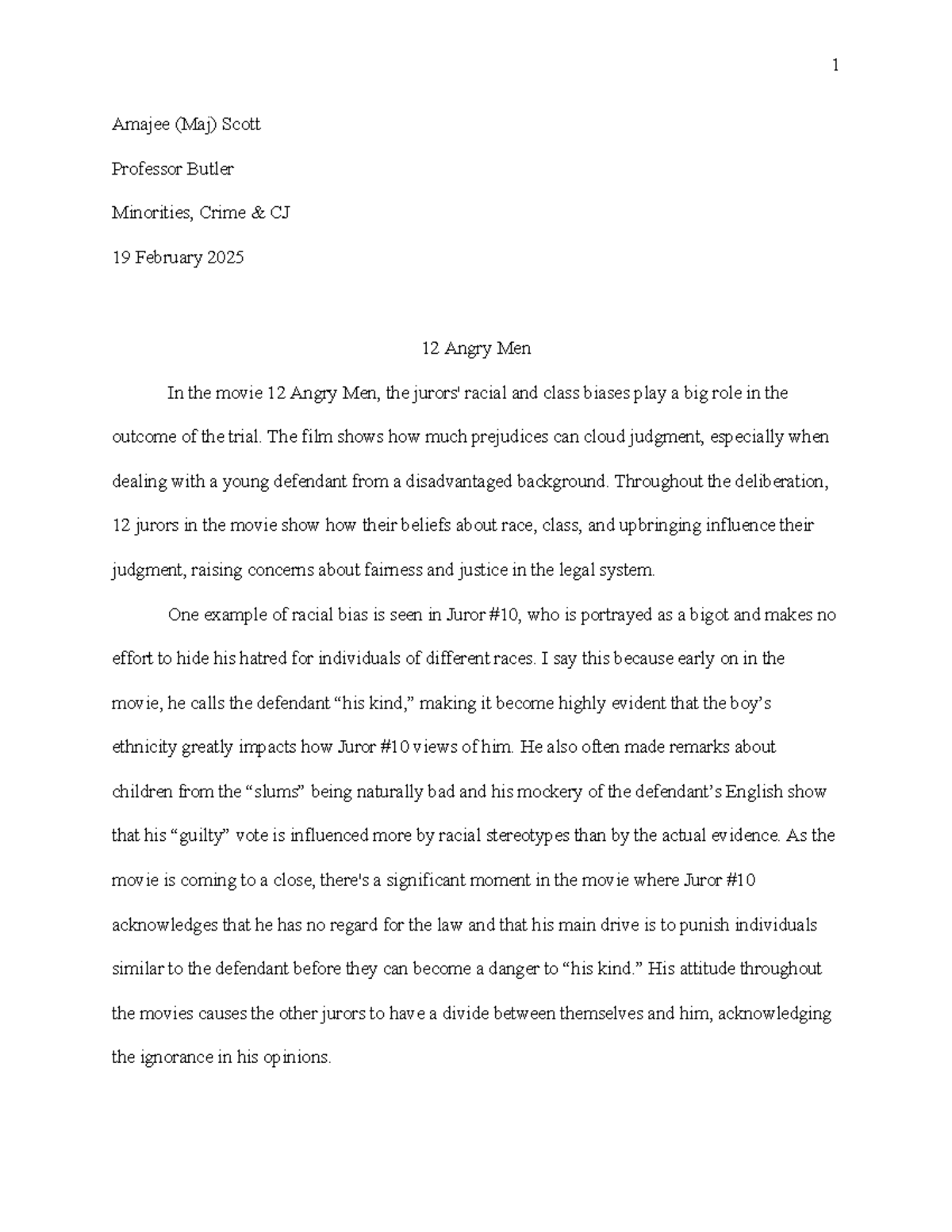 12 Angry Men: Analyzing Racial and Class Biases in CJ 19 Exam - Studocu