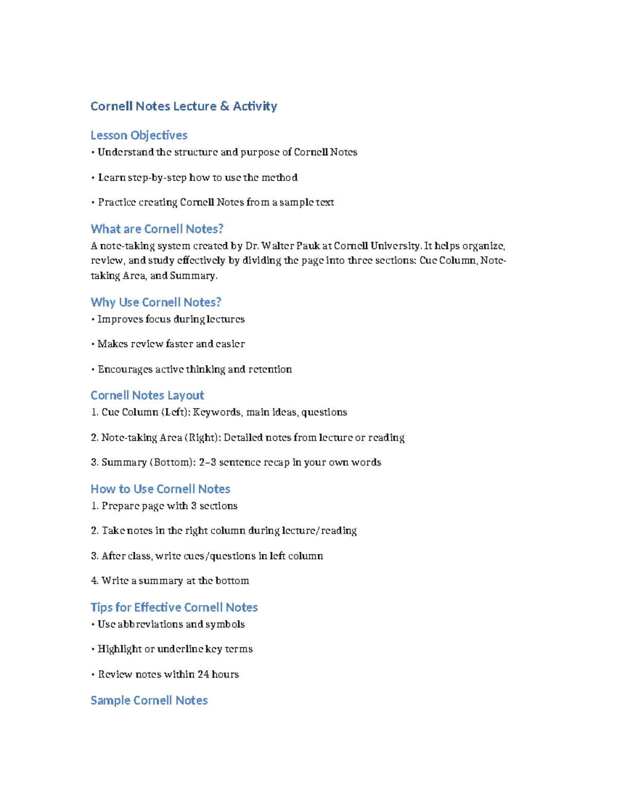 Cornell Notes Lecture Activity: Objectives & Structure - Studocu