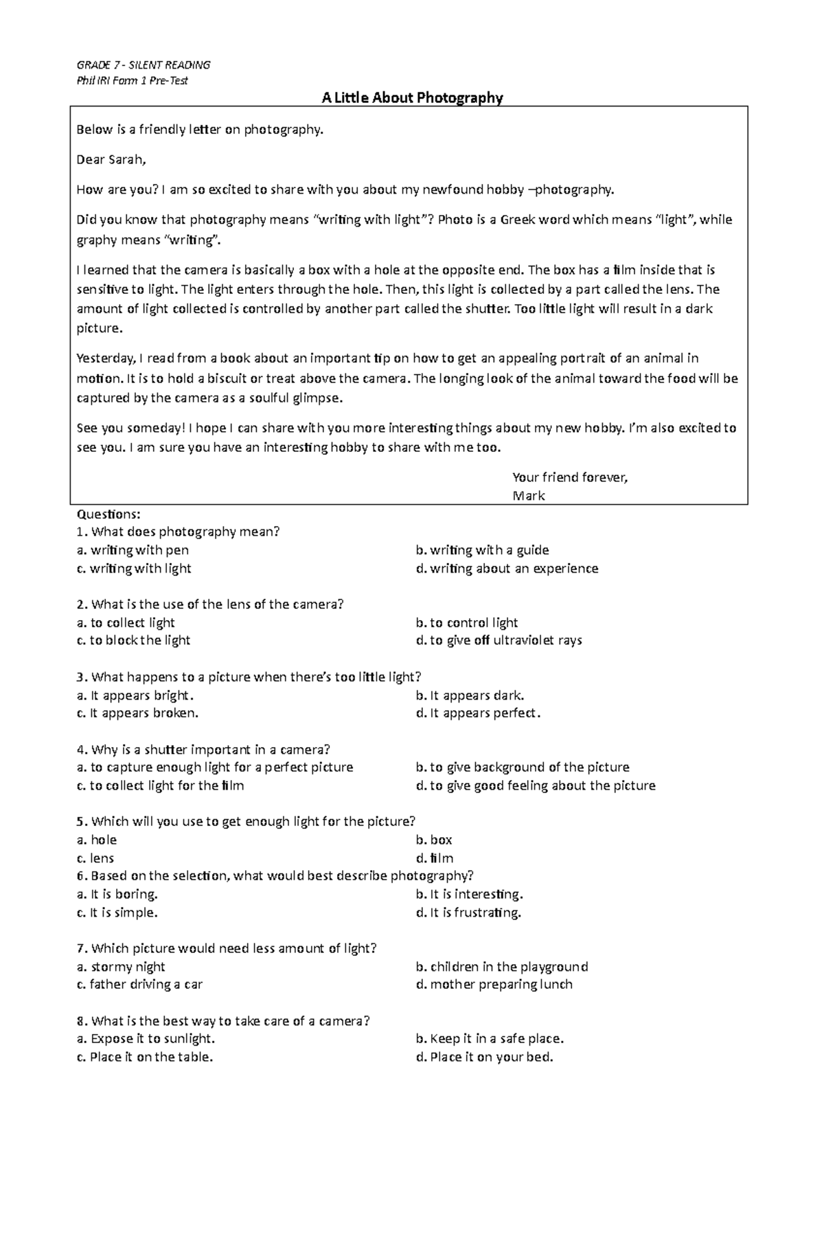 JHS-IRI-Final Exam: Grade 7 & 8 Reading Comprehension Pre-Test - Studocu