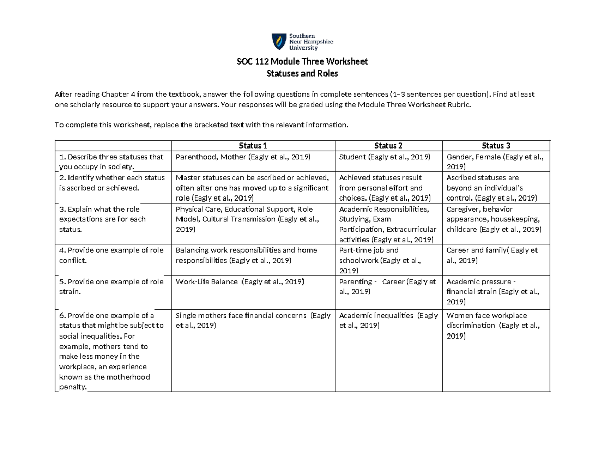 SOC 112 Module Three Worksheet: Exploring Statuses and Roles - Studocu