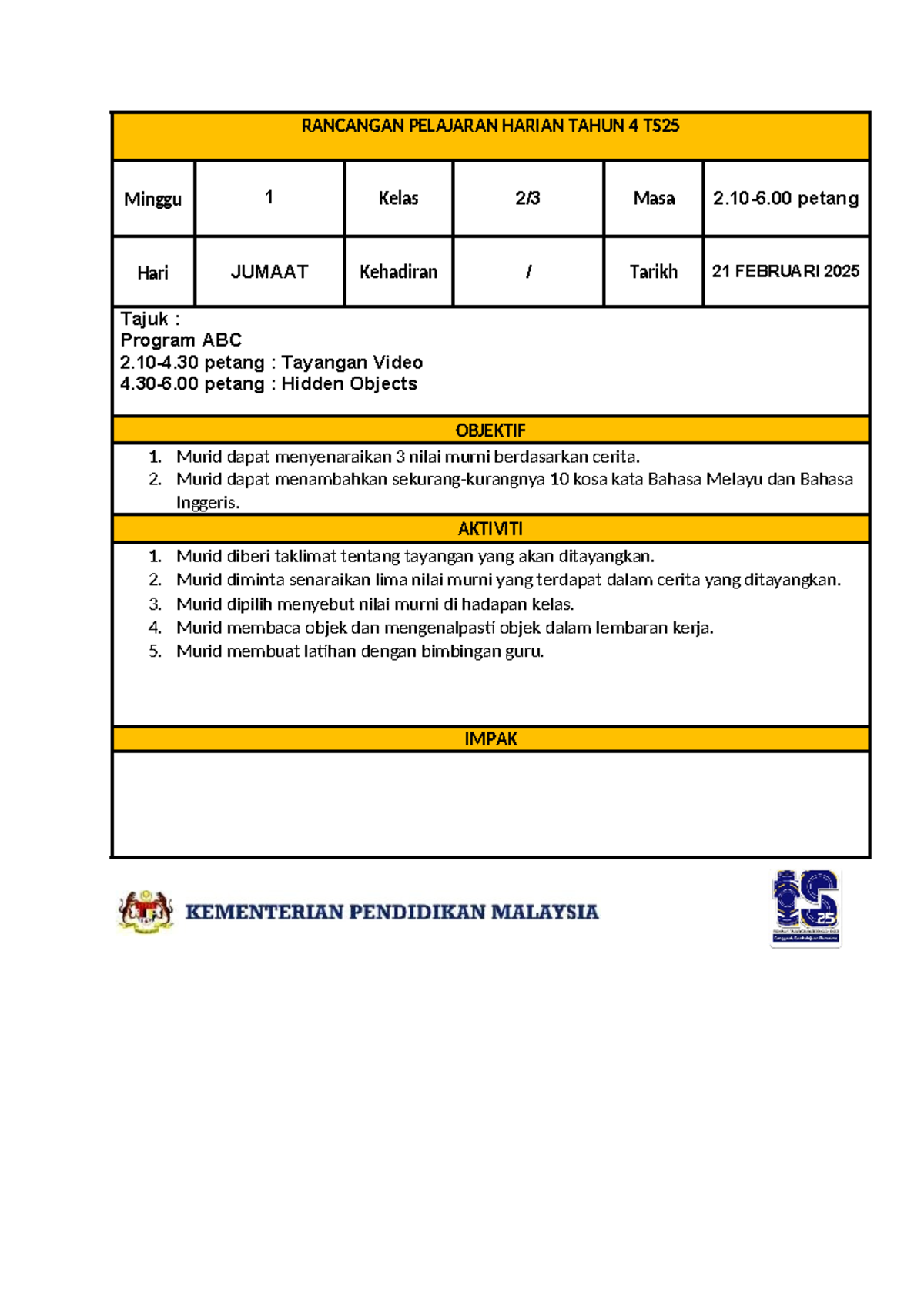 RPH ABC Morals Lesson Plan Year 4 - 21 Feb 2025 - Studocu