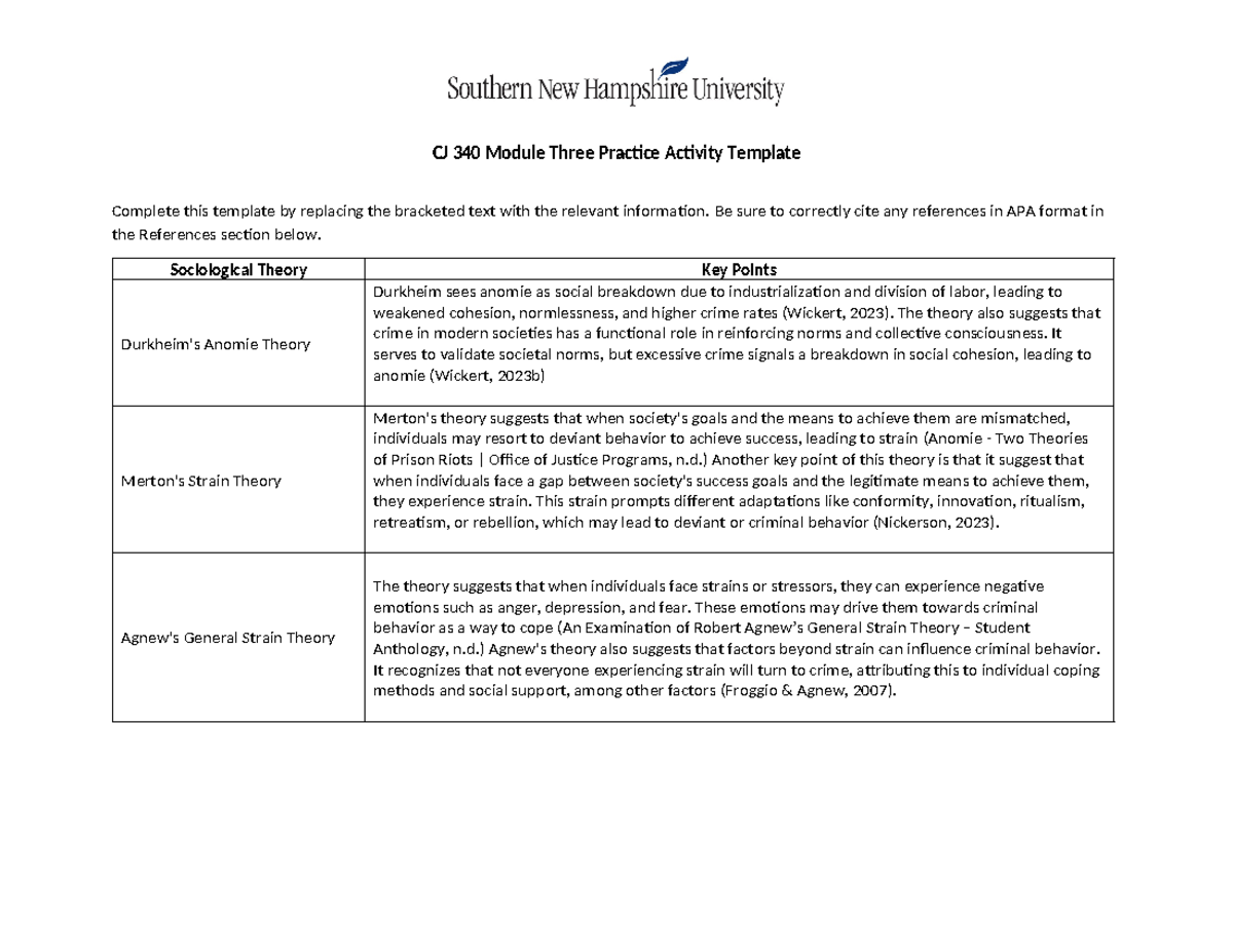 CJ 340 Module 3 Sociological Theories Practice Activity Template - Studocu