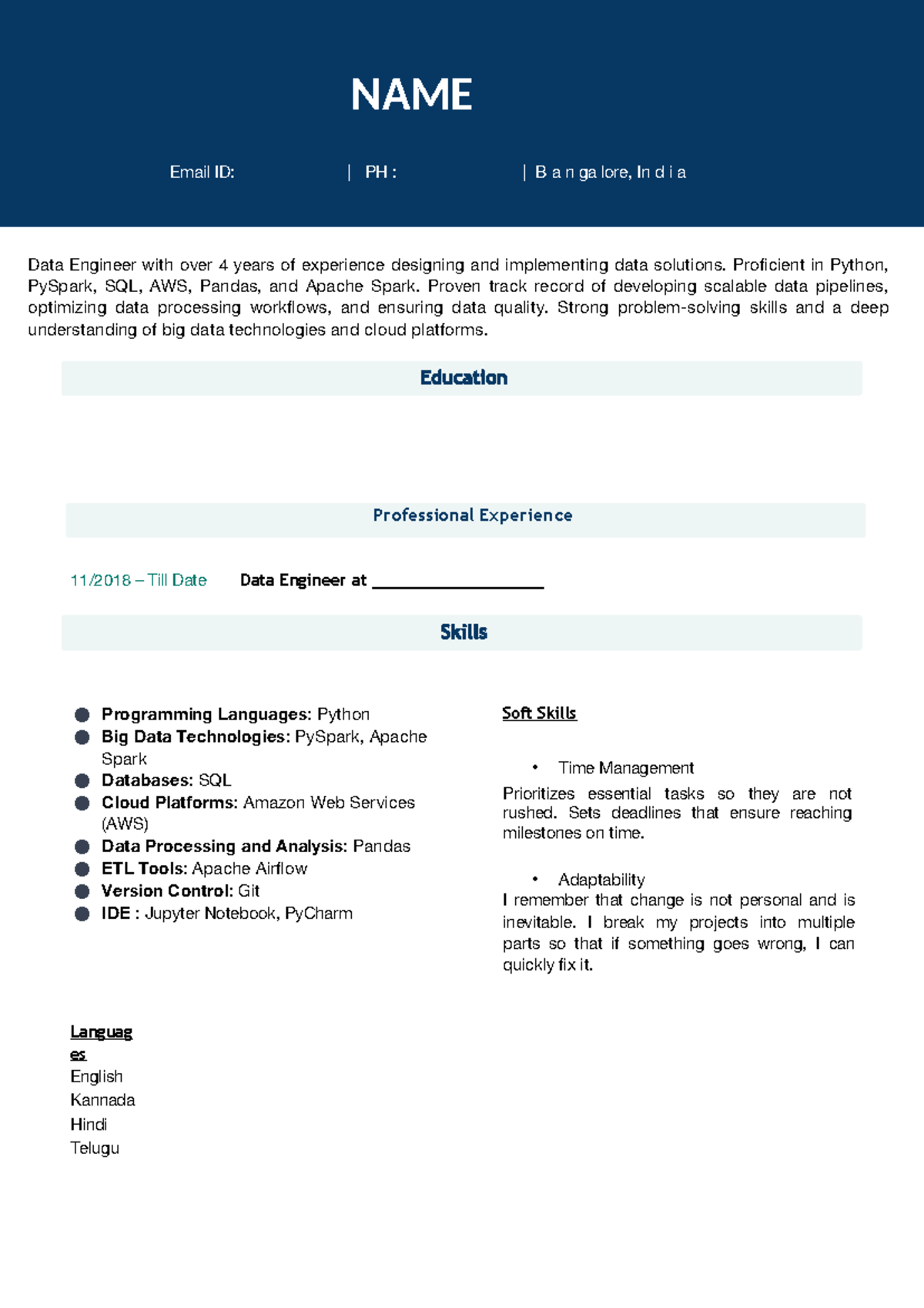 Sample Resume 1 - Data Engineer (4 Years Experience) - Studocu